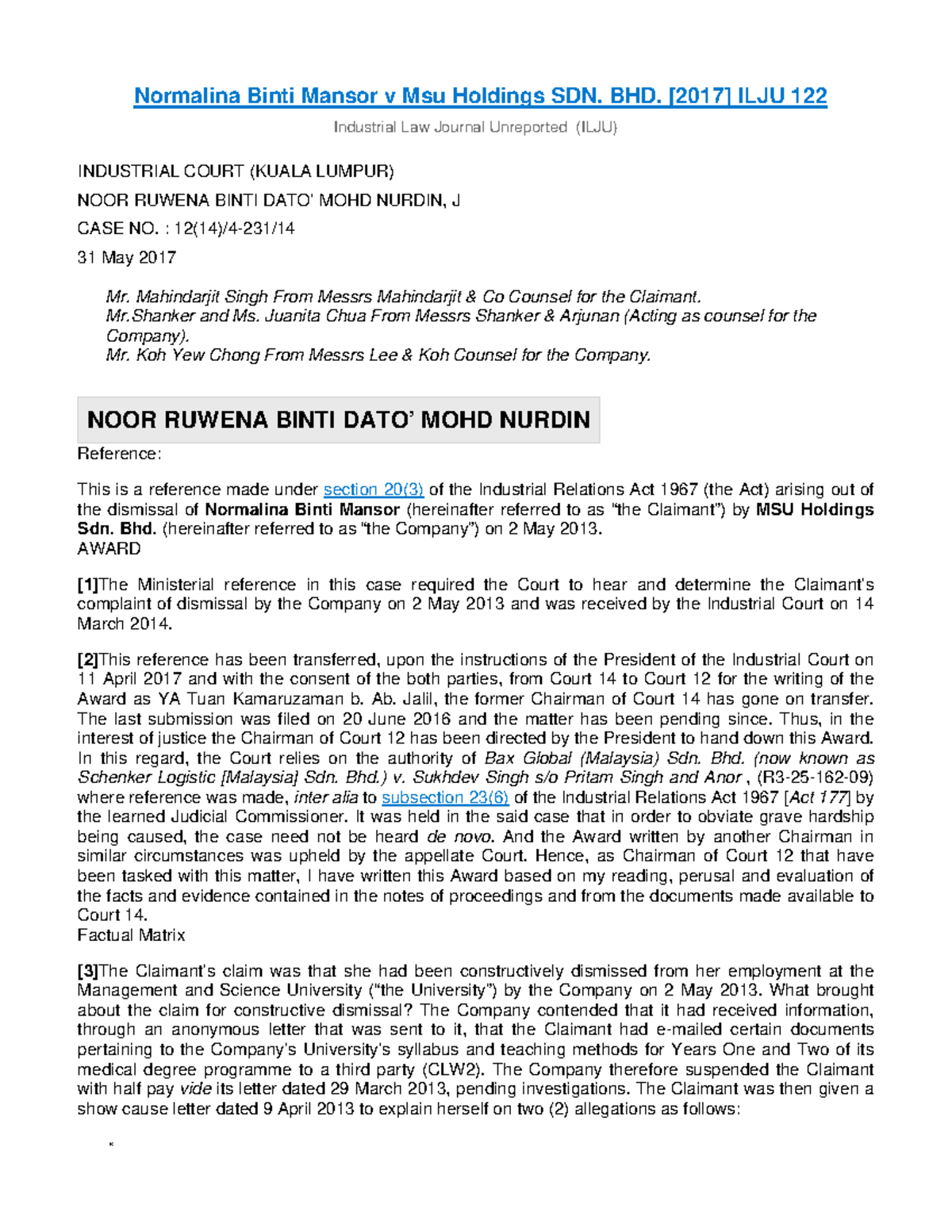 Normalina Binti Mansor v MSU Holdings Sdn. Bhd. Industrial Court Case ...
