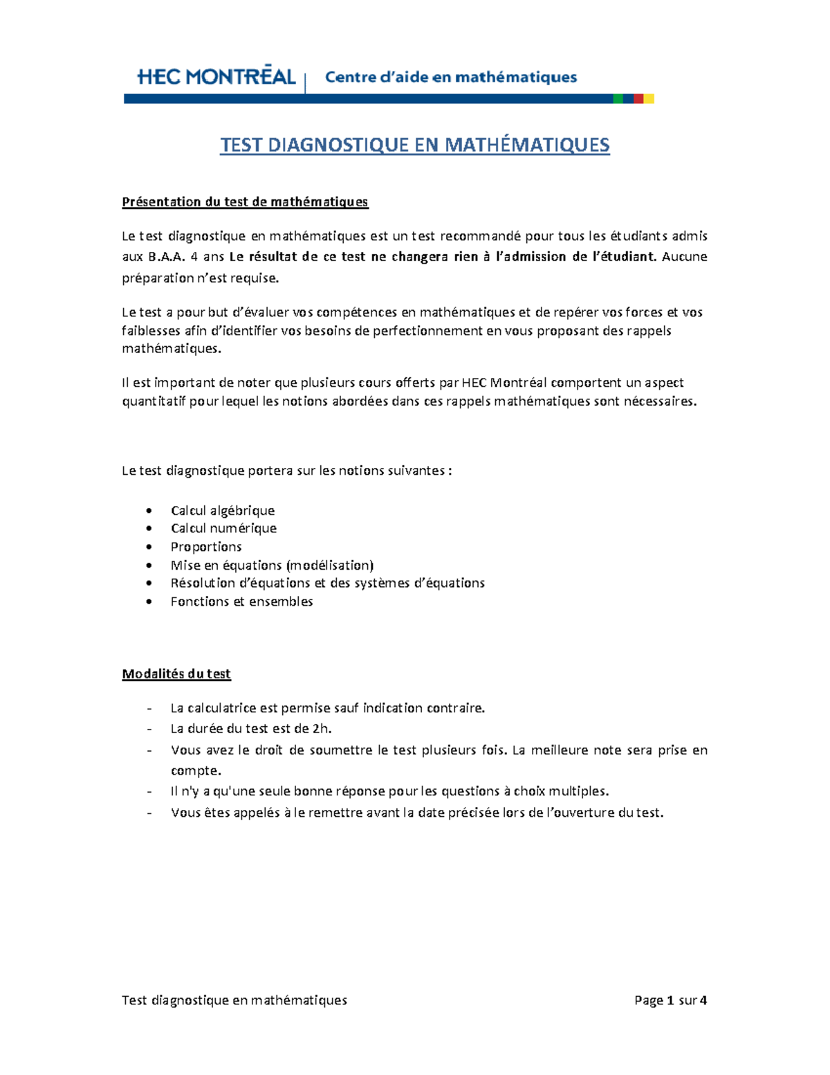 Évaluation du Test Diagnostique en Mathématiques - B.A. 4 ans - Studocu