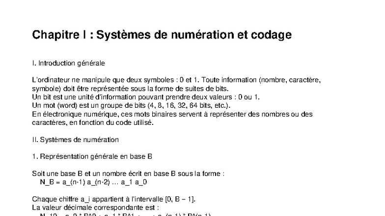 Chapitre I : Systèmes de Numération et Codage - Introduction et Concepts - Studocu