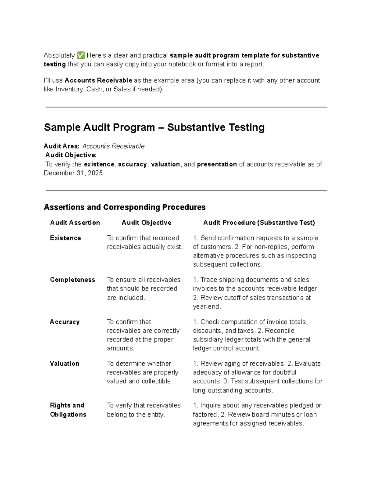Audit Program for Substantive Testing: Accounts Receivable - Studocu