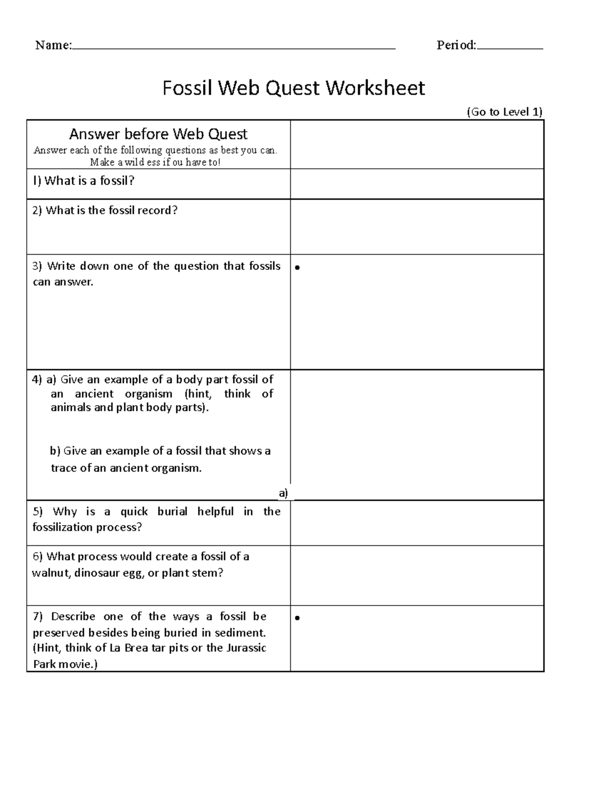 Fossil Web Quest Worksheet: Understanding Fossils and Their Formation ...