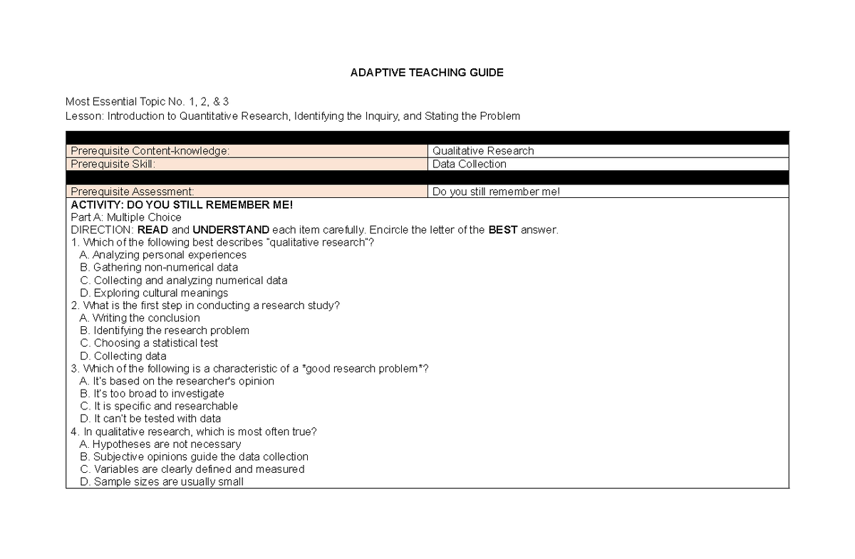 Adaptive teaching guide: Introduction to quantitative research and ...