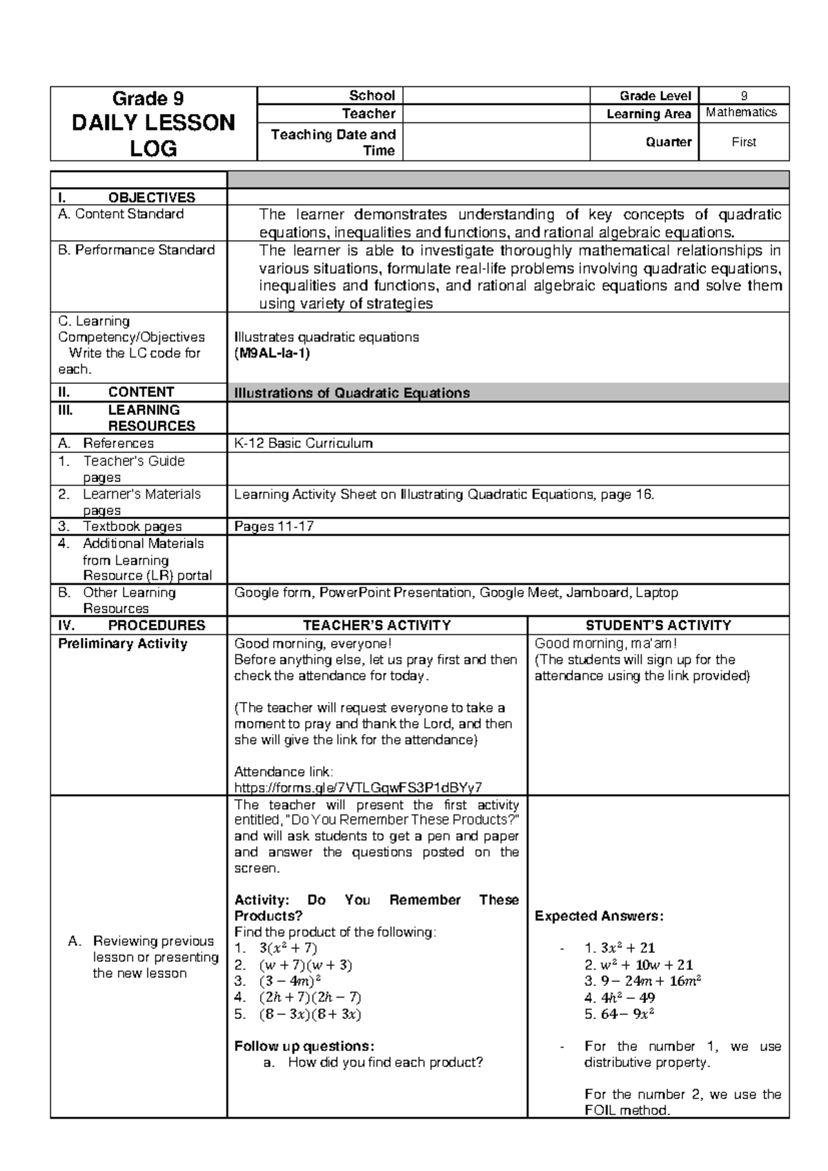 DLL Math - Daily Lesson Log in Mathematics 9 Illustrations of Quadratic ...