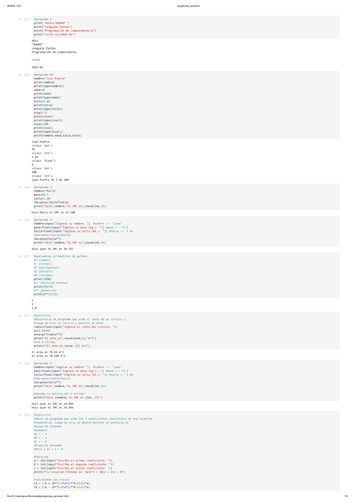 Programas Semana 1: Introducción a Python y Cálculo IMC - Studocu