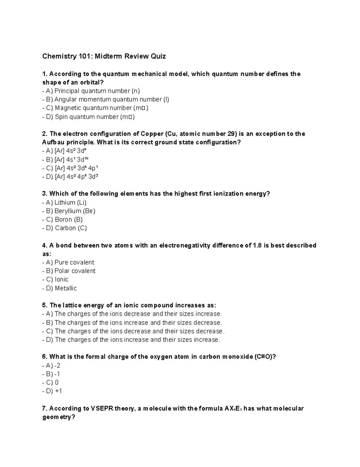 Chemistry 101: Midterm Review Quiz 1 Answers and Explanations - Studocu