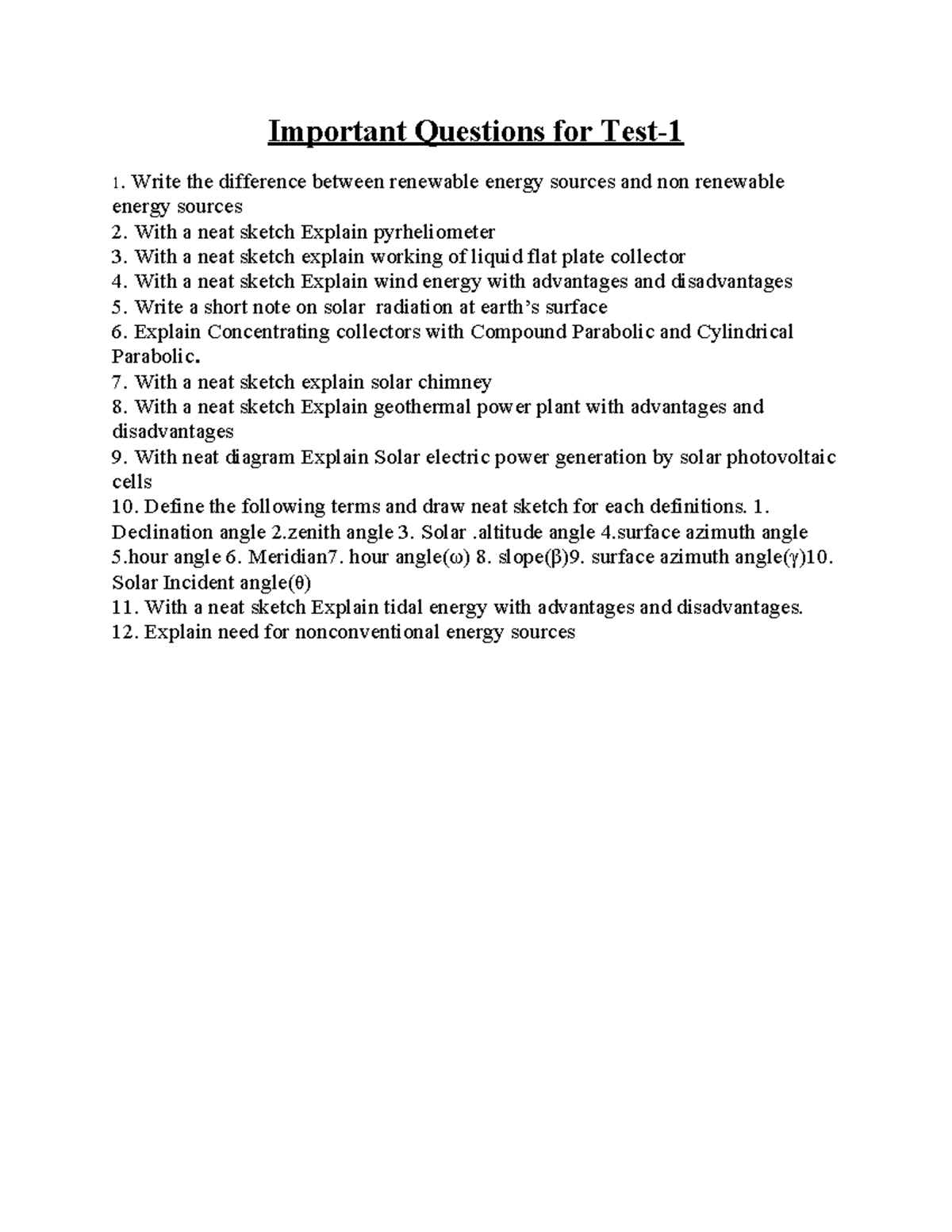 Important Questions for Test on Renewable & Non-Renewable Energy - Studocu