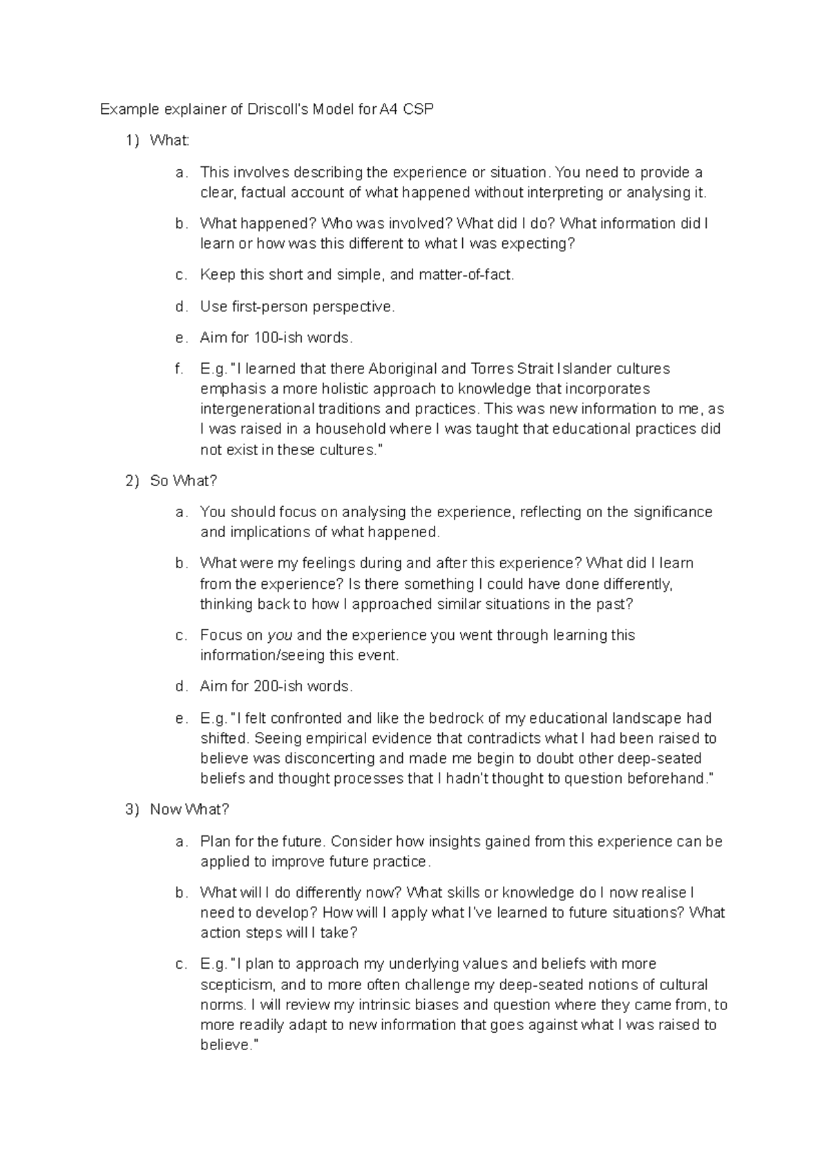 Explainer of Driscoll's Model: Reflection for A4 CSP Assessment - Studocu