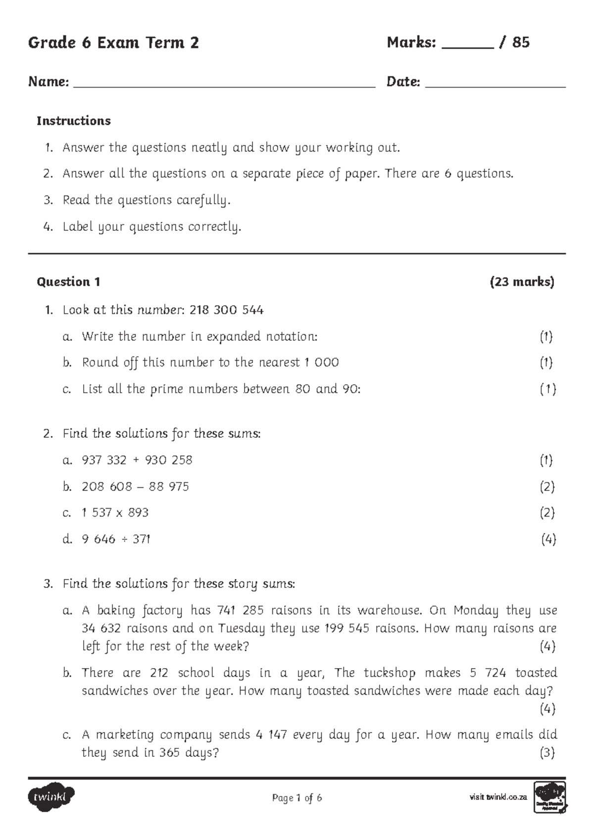 Grade 6 Math Exam Term 2 - Comprehensive Question Set - Studocu