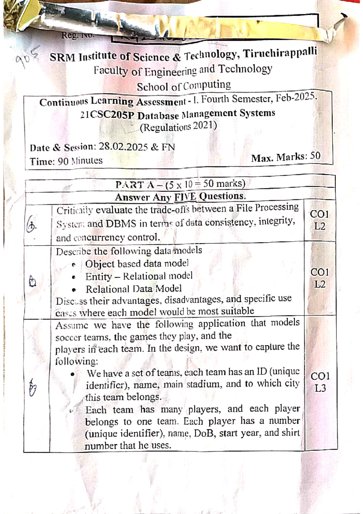 CLA 21CSC205P Database Management Systems Continuous Assessment I - Studocu