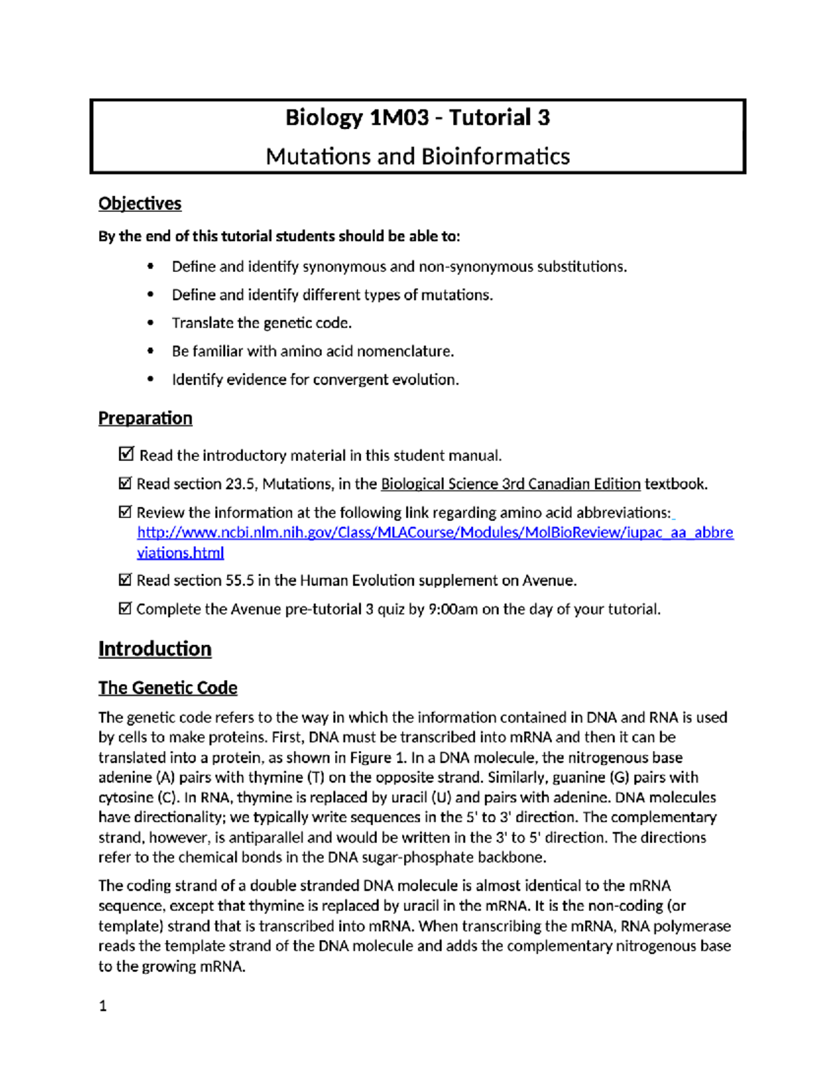 Tutorial 3 Mutations and Bioinformatics F2022 - Biology 1M03 ...