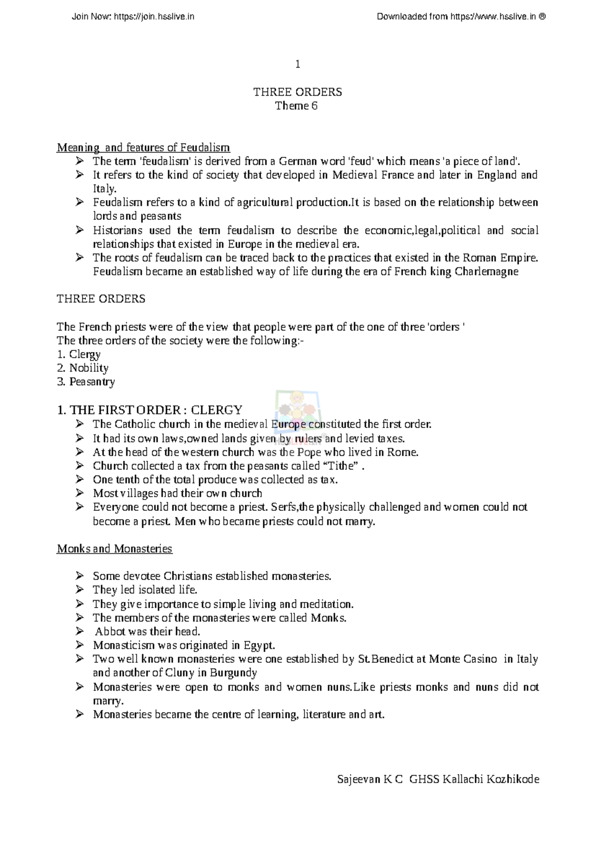 HSSLIVE XI History Theme 6: Understanding the Three Orders of Feudalism ...