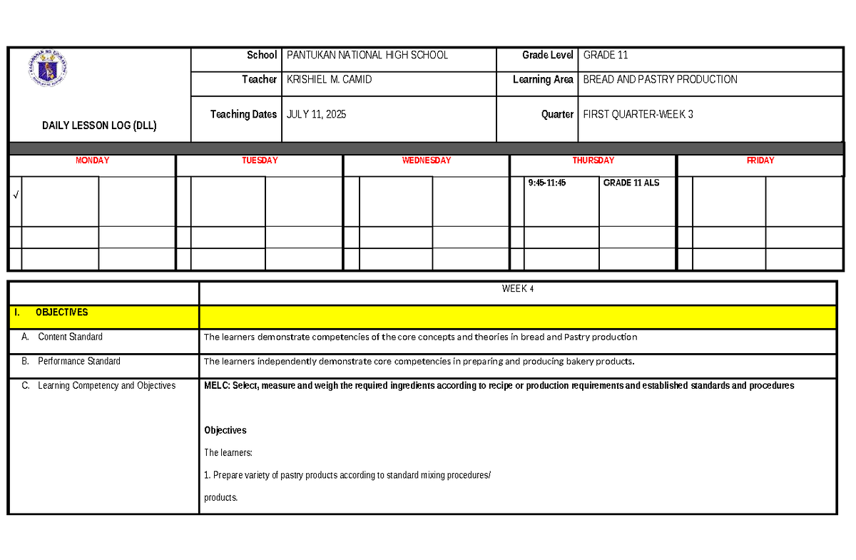 Grade 11 DLL Week 3: Bread and Pastry Production Lesson Plan - Studocu