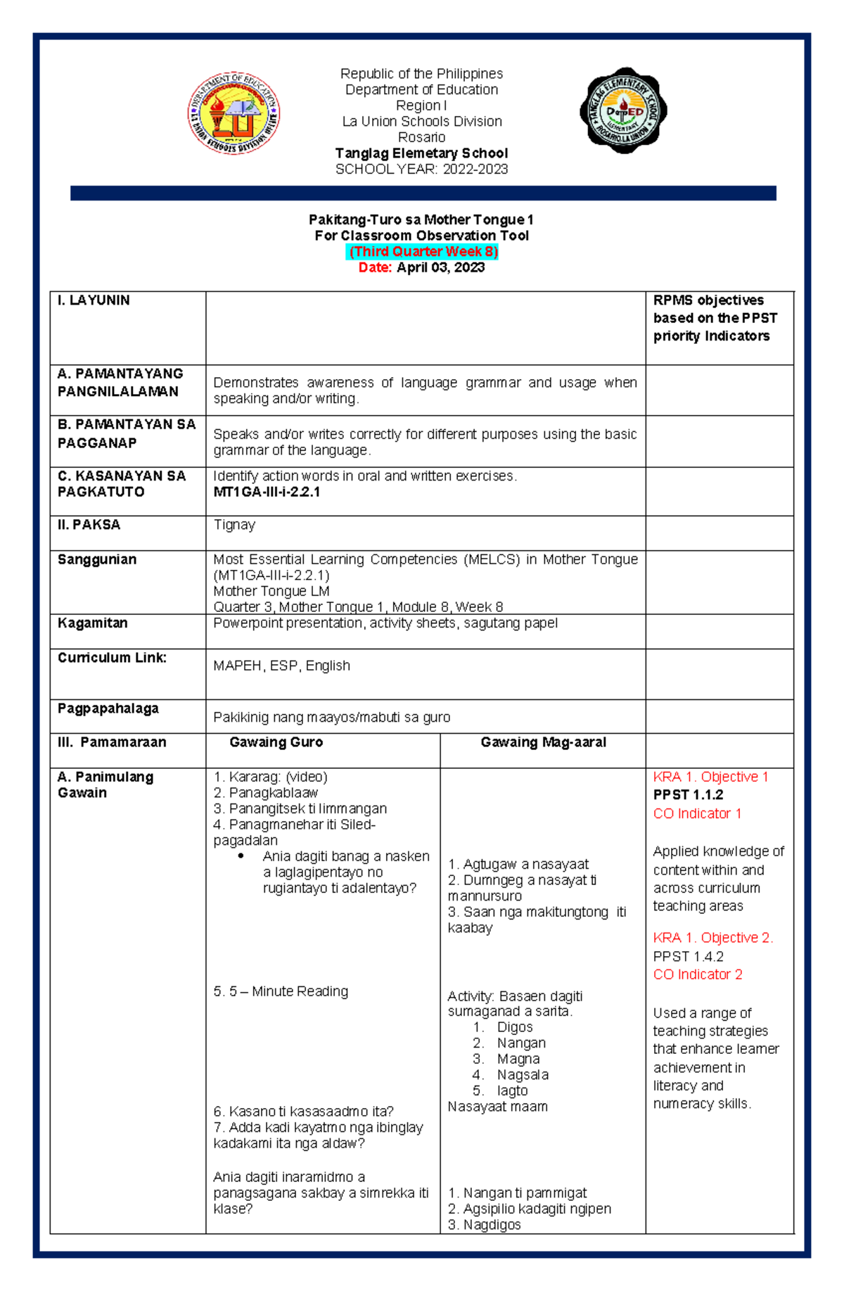 COT 2 MTB - Republic of the Philippines Department of Education Region ...