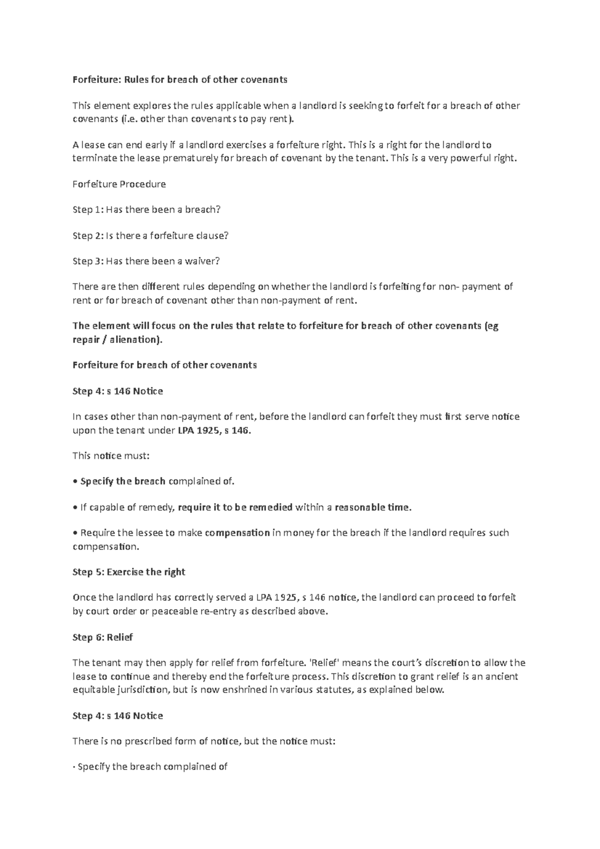 Forfeiture Procedures: Rules on Breaches of Non-Rent Covenants - Studocu
