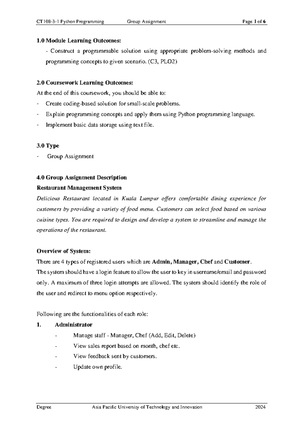 Python Programming Group Assignment: Restaurant Management System - Studocu