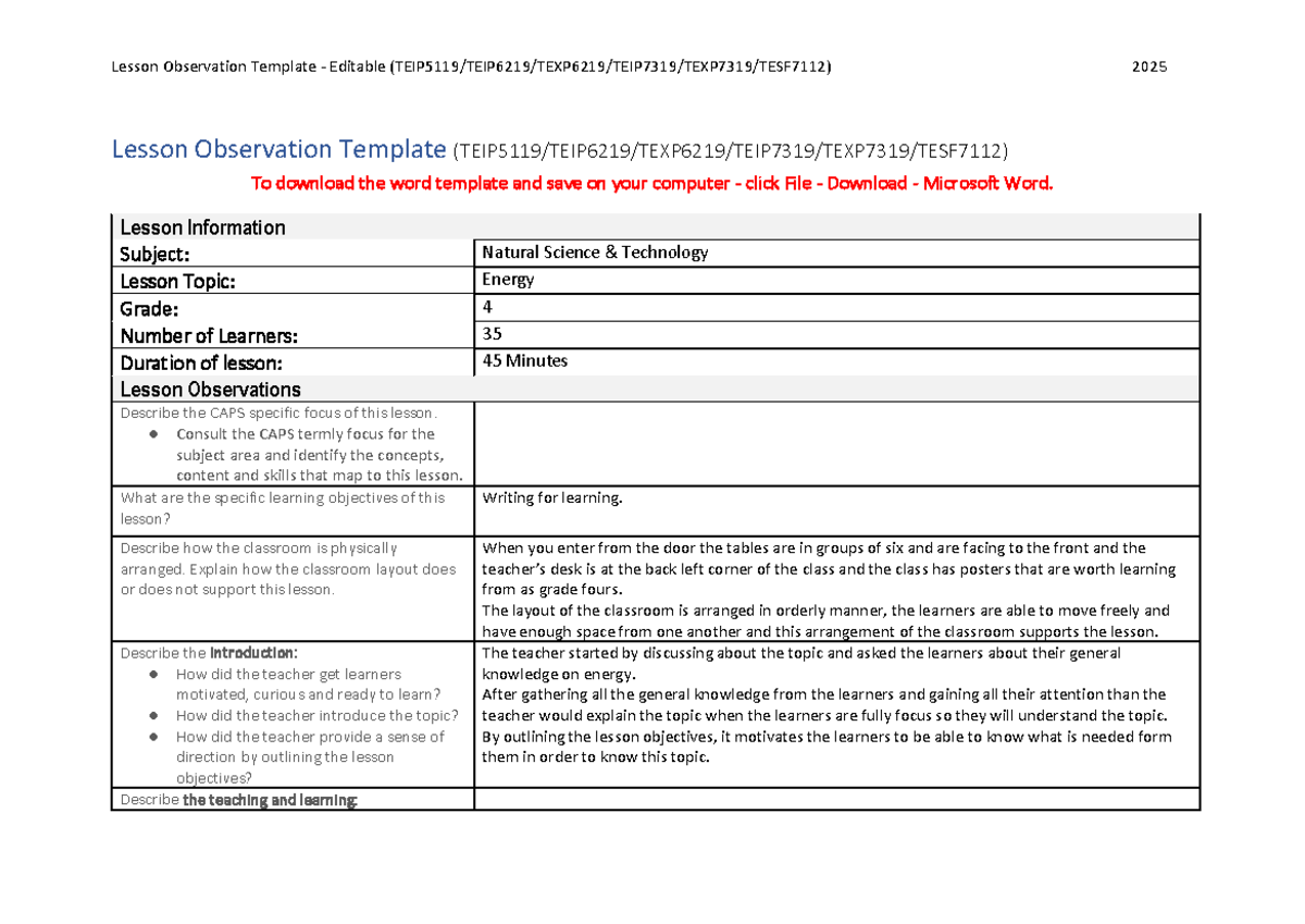 TASK 2 - tes - Lesson Observation Template (TEIP5119/TEIP6219/TEXP6219 ...
