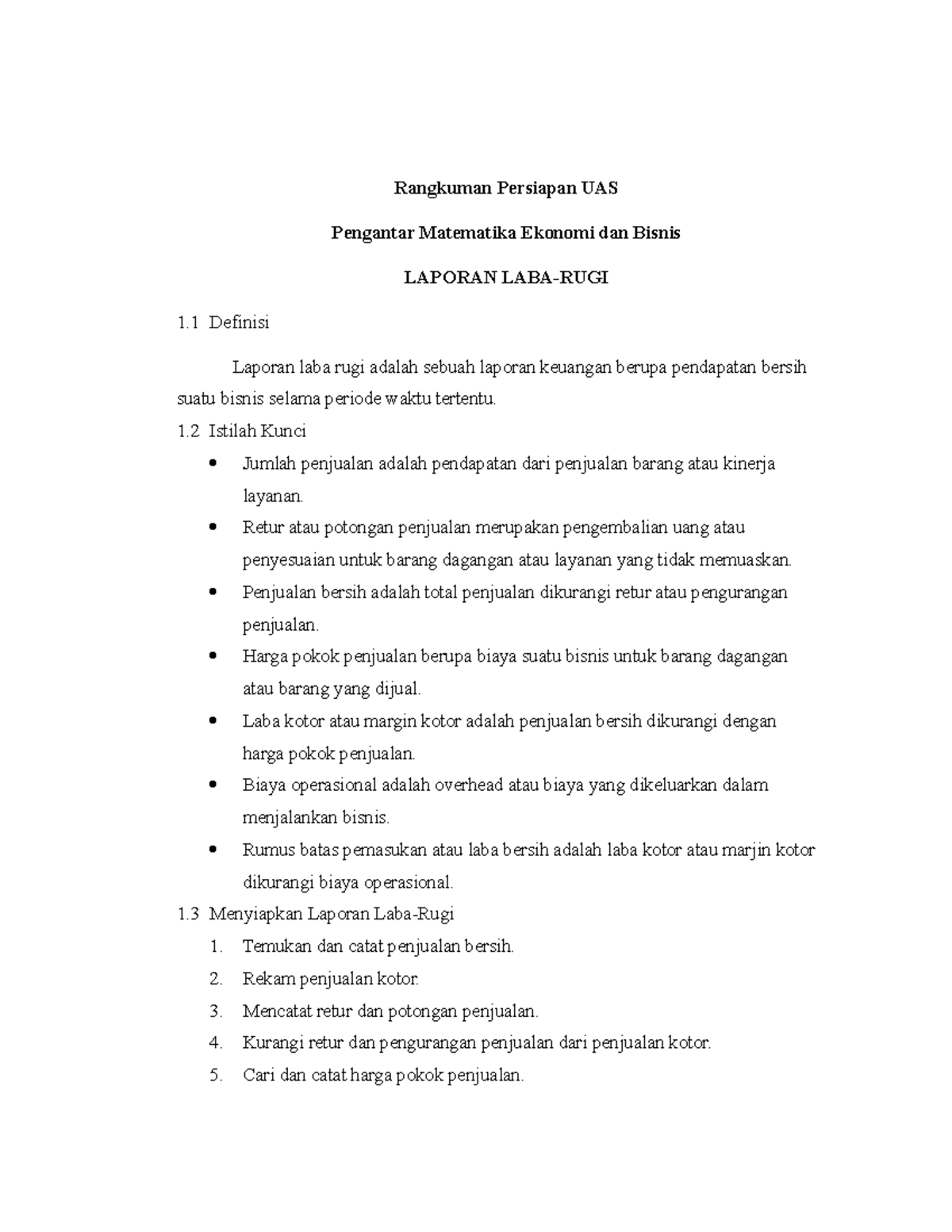 Rangkuman Laporan Laba-Rugi - Pengantar Matematika Ekonomi dan Bisnis ...