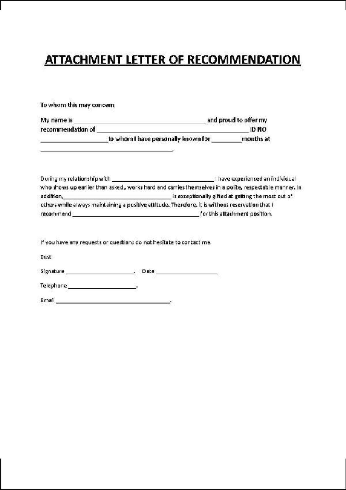 Letter of Recommendation for ID NO - Attachment Position - Studocu