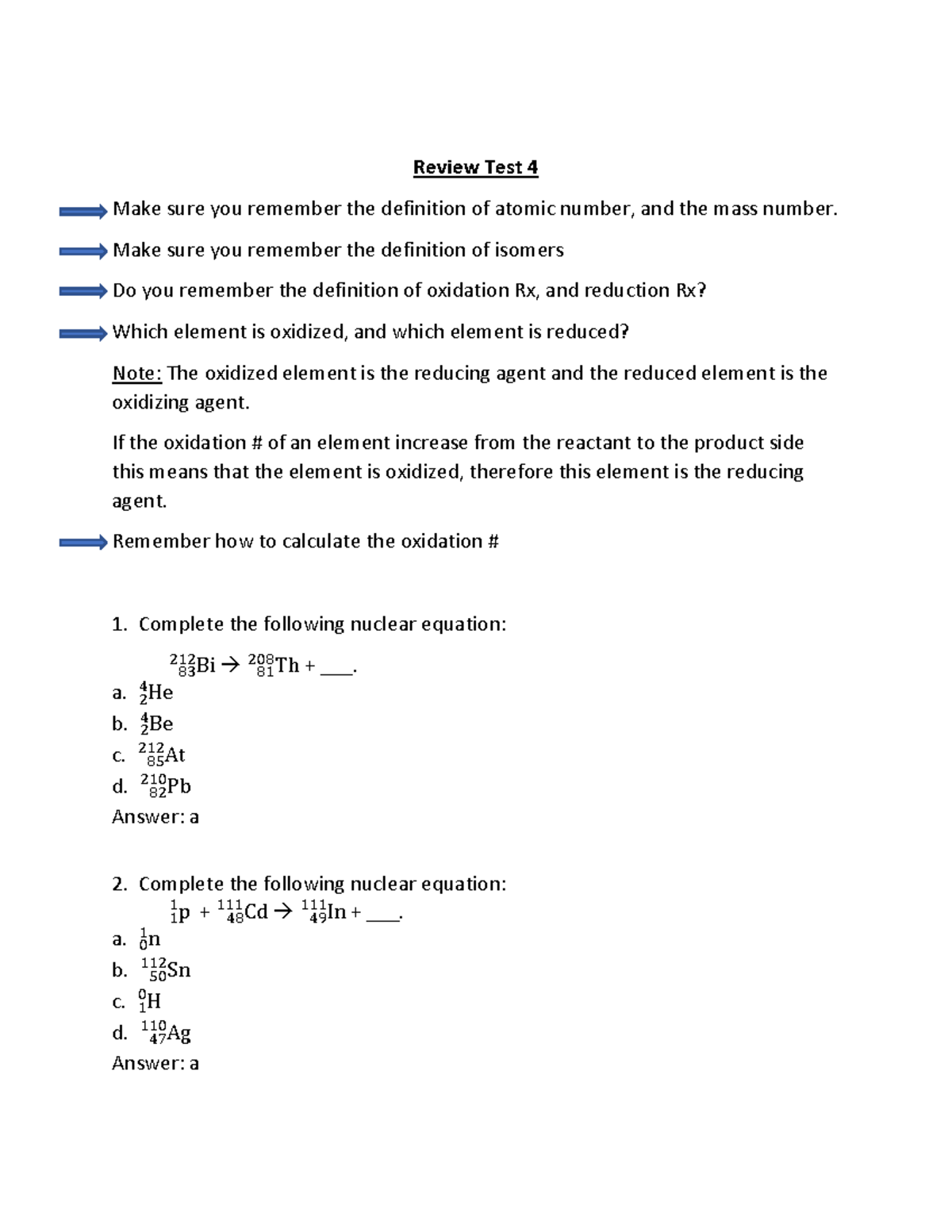 Review Test 4: Chemical Reactions and Oxidation States - Studocu