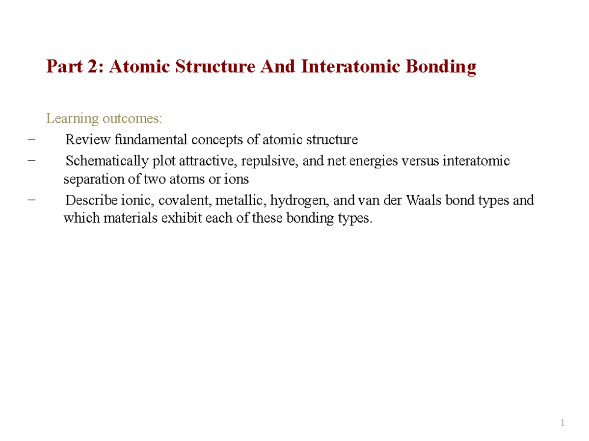 SEE 222 2 - Atomic Structure & Interatomic Bonding Notes - Studocu