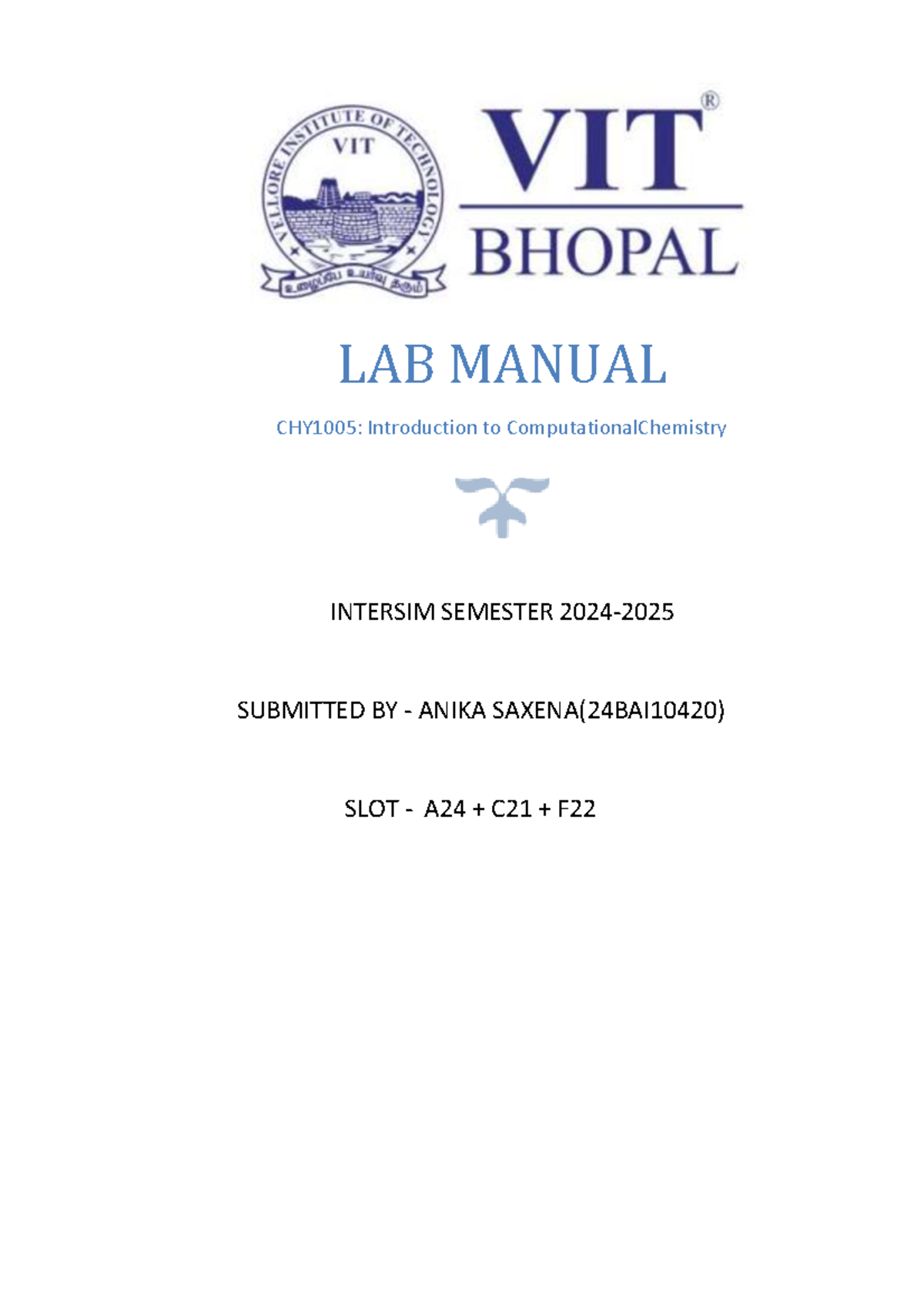 Lab Manual CHY1005: Comprehensive Guide to Computational Chemistry ...