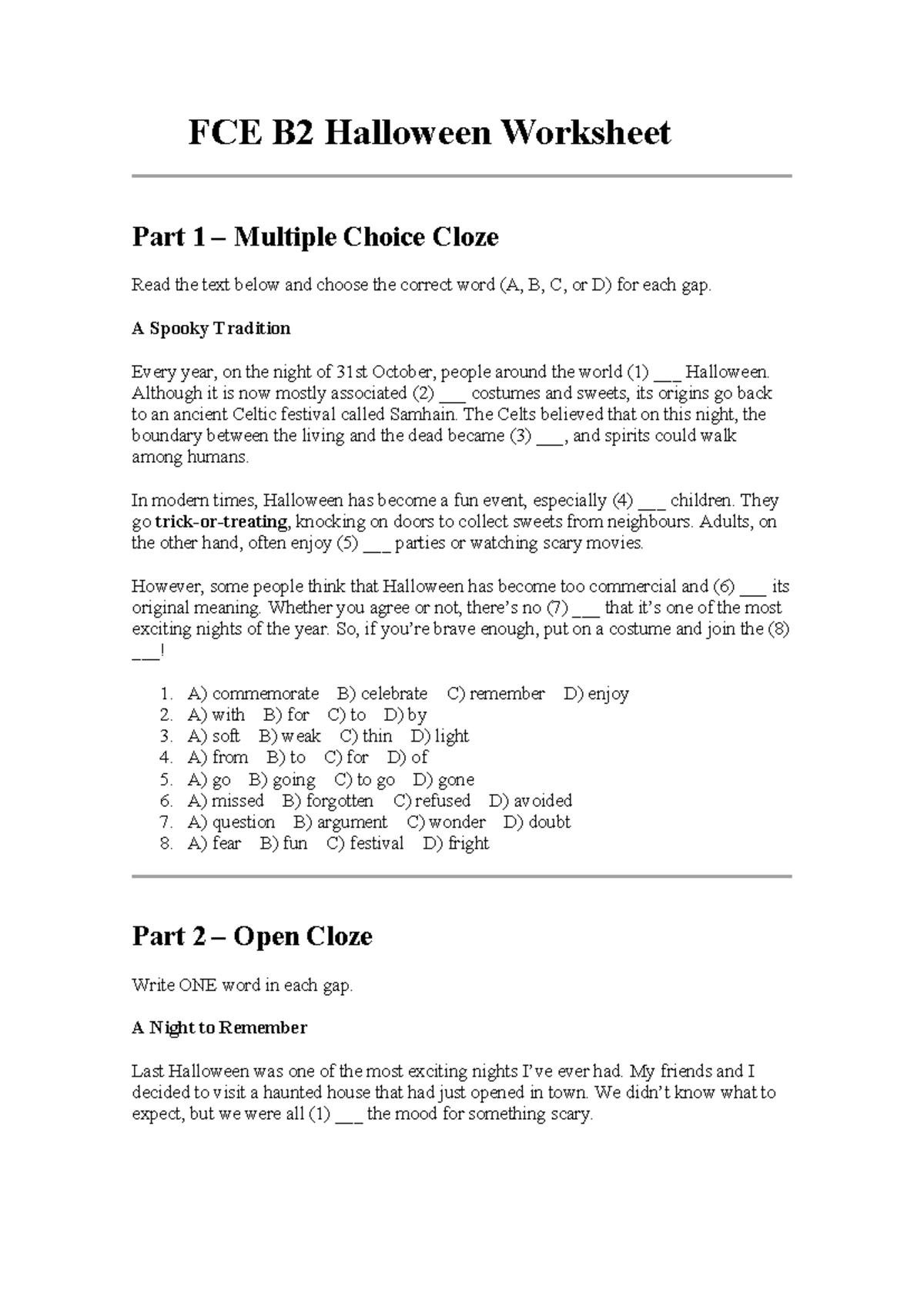 🎃 FCE B2 Halloween Worksheet: Multiple Choice & Open Cloze Activities ...