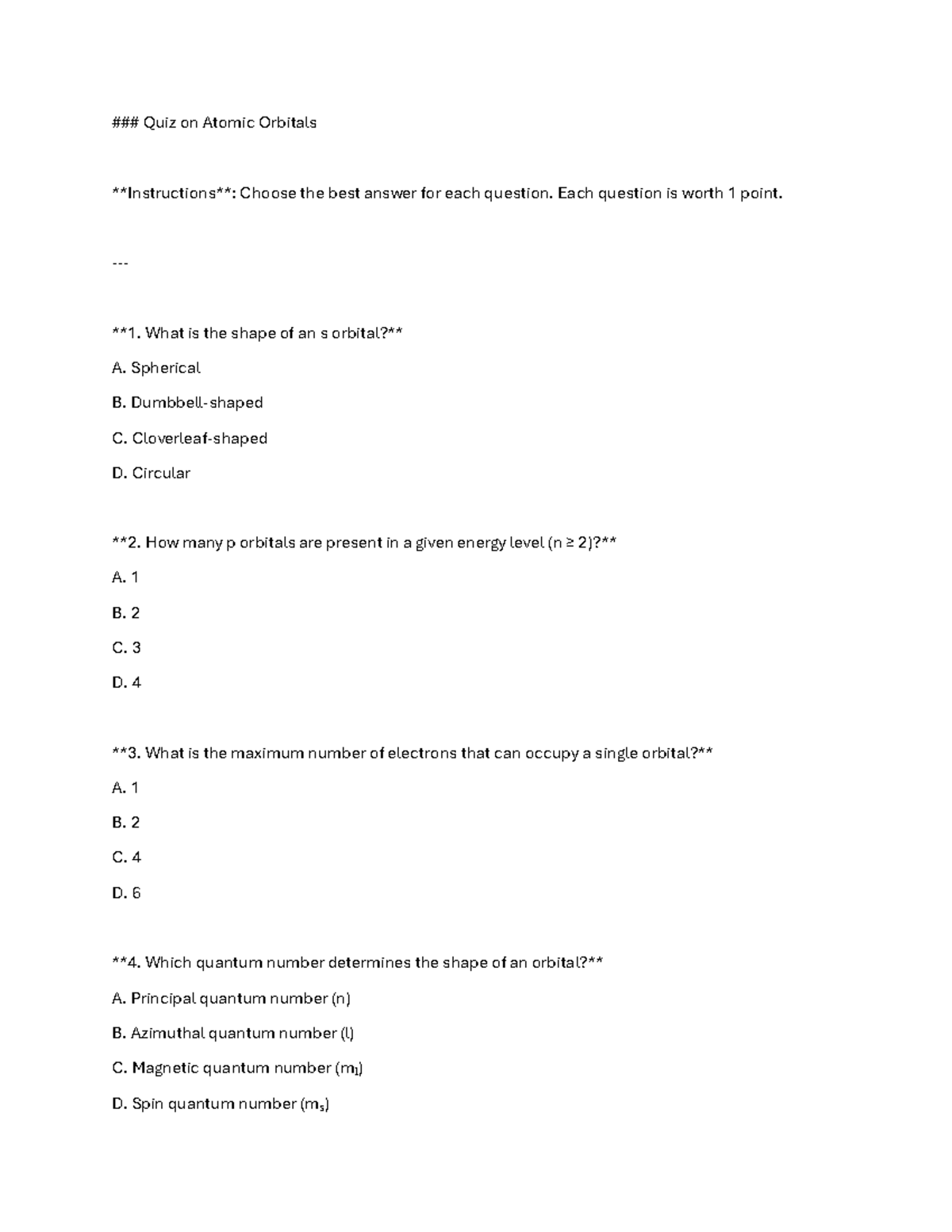 Practice quiz atomic orbitals - Quiz on Atomic Orbitals Instructions ...