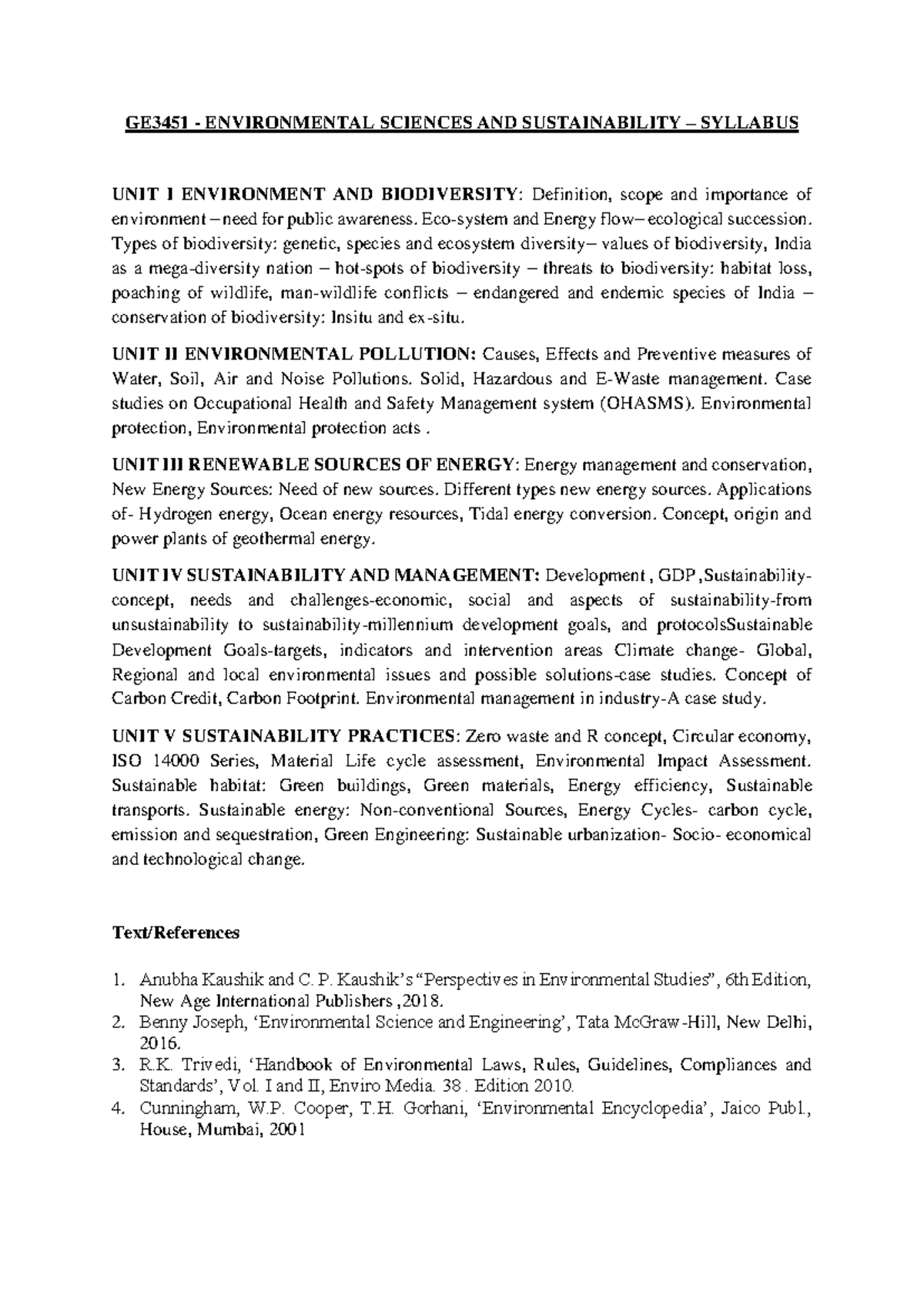 GE3451 Environmental Sciences & Sustainability Course Syllabus - Studocu