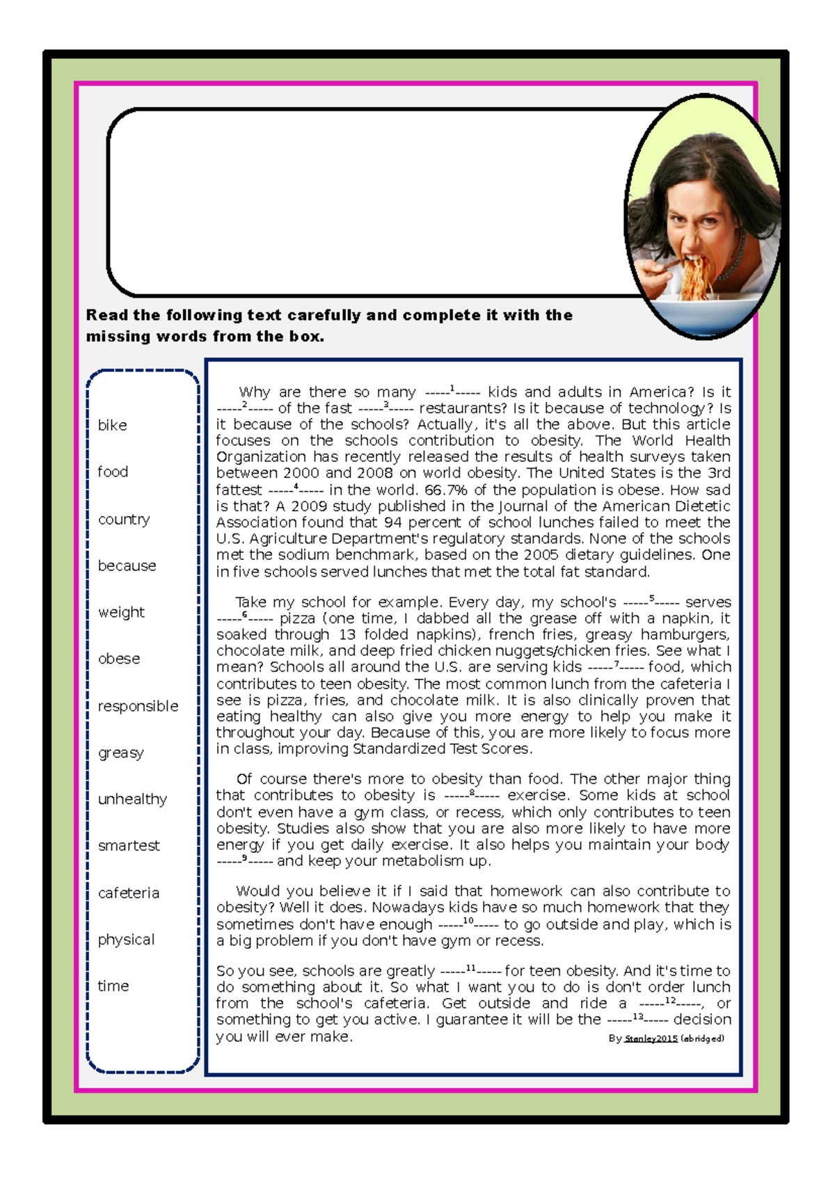 Obesity: Reading Comprehension Exercises and Antonym Activities 31128 ...