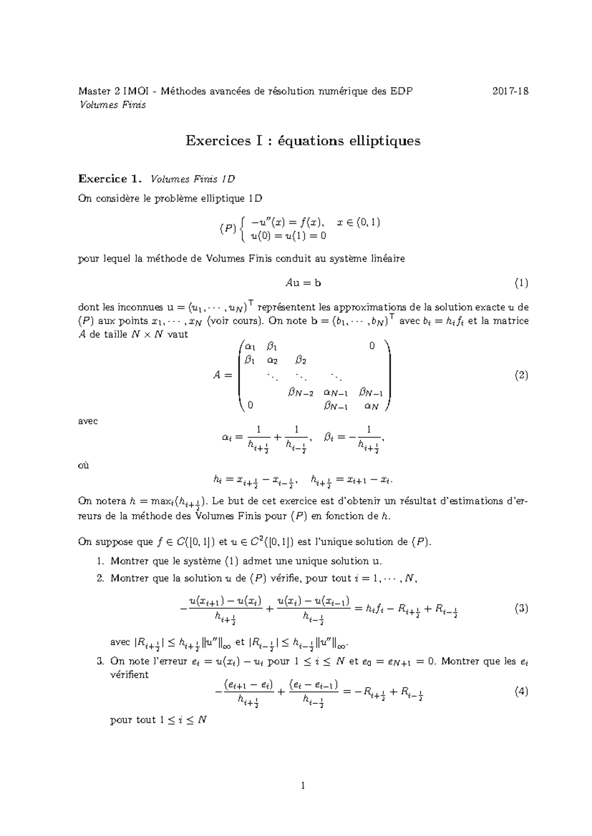 Td1 - Exercices sur les Méthodes de Volumes Finis pour Équations ...