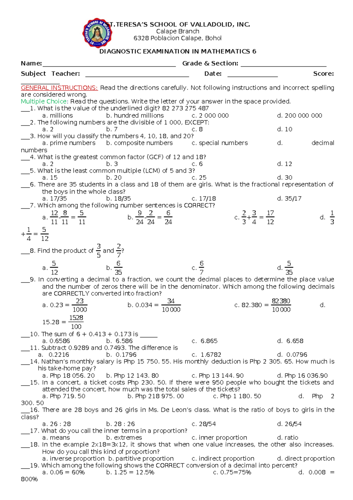 MATH 6 Diagnostic Examination: Comprehensive Review and Practice - Studocu