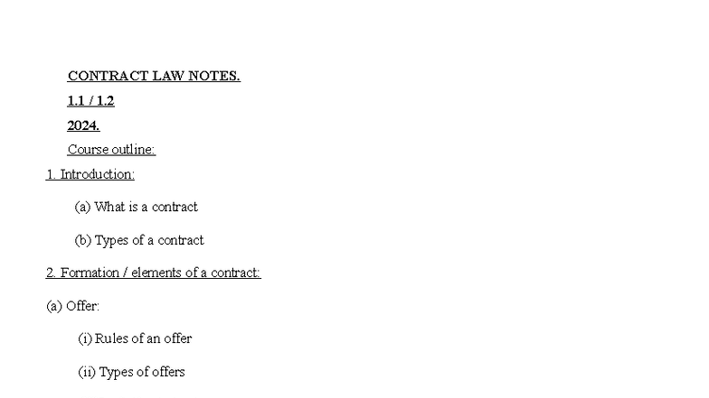 Contract Law 001 - Comprehensive Notes on Contract Formation and ...
