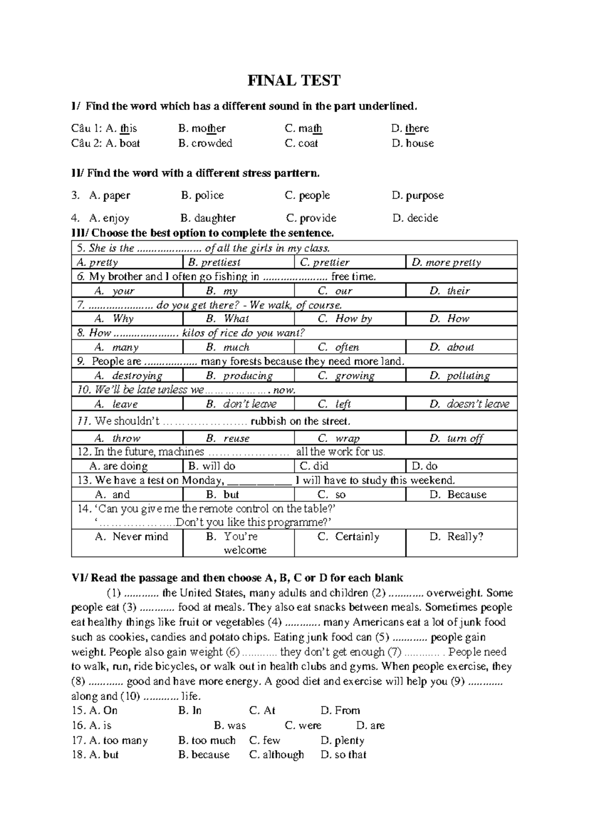 ĐỀ THI THỬ HỌC KÌ II LỚP 6 - FINAL TEST - Studocu