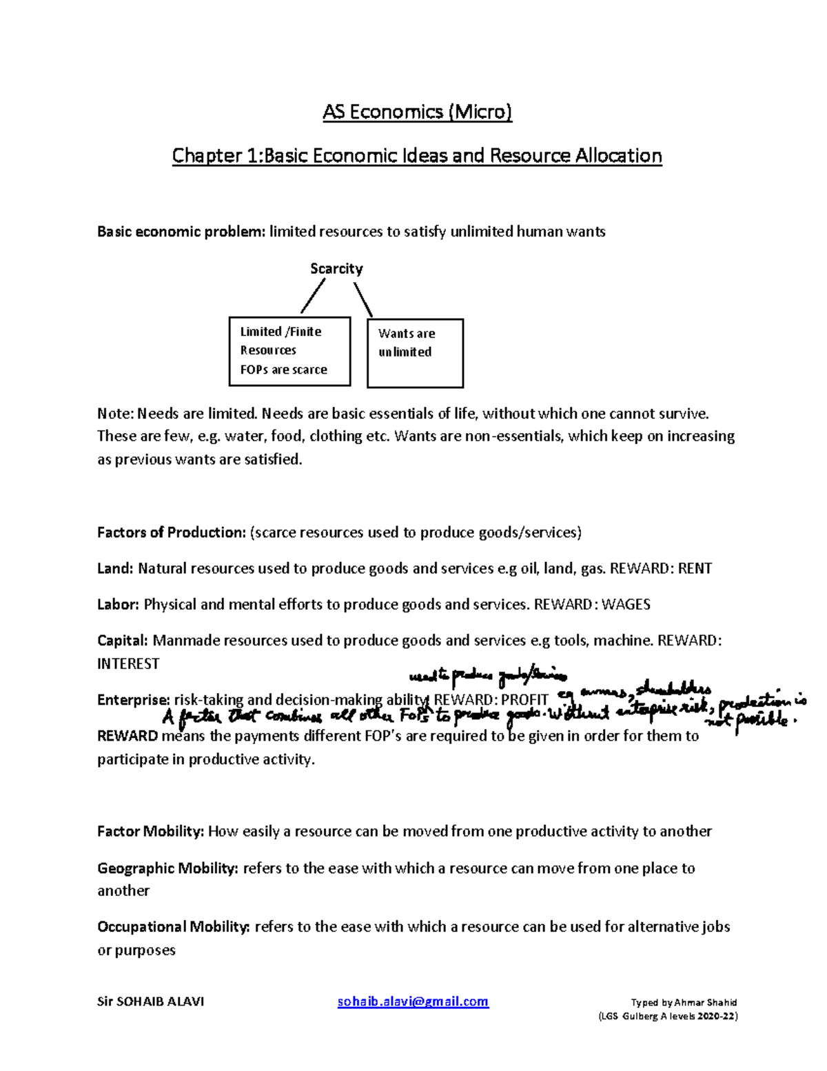 AS Economics Chapter 1: Basic Economic Concepts and Resource Allocation ...