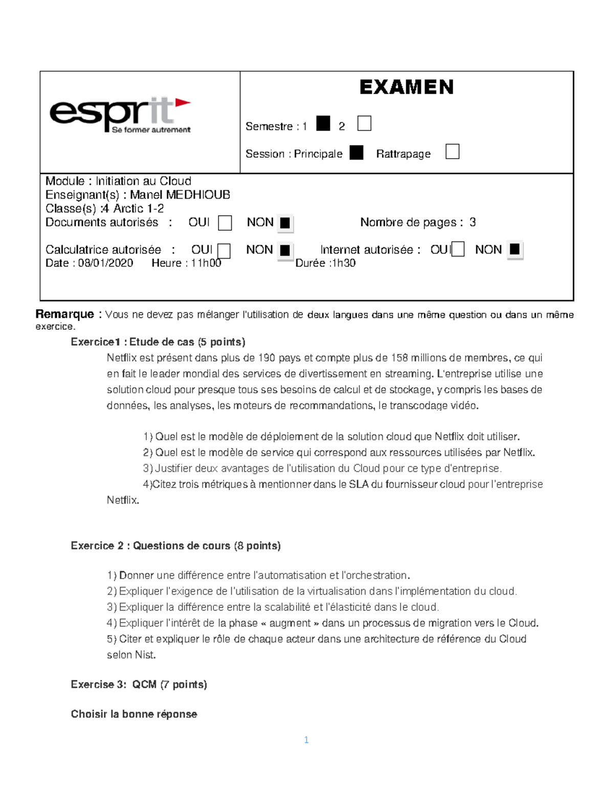 Examen Principal - Initiation au Cloud (Module 1) - Studocu