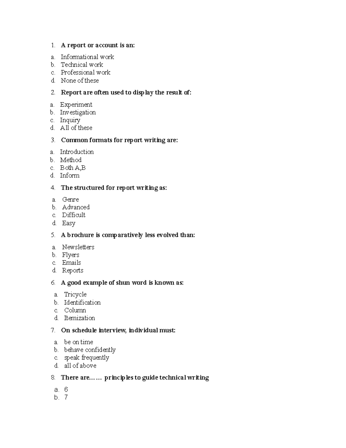 Technical Writing MCQs (20) - No Answers Provided - Studocu