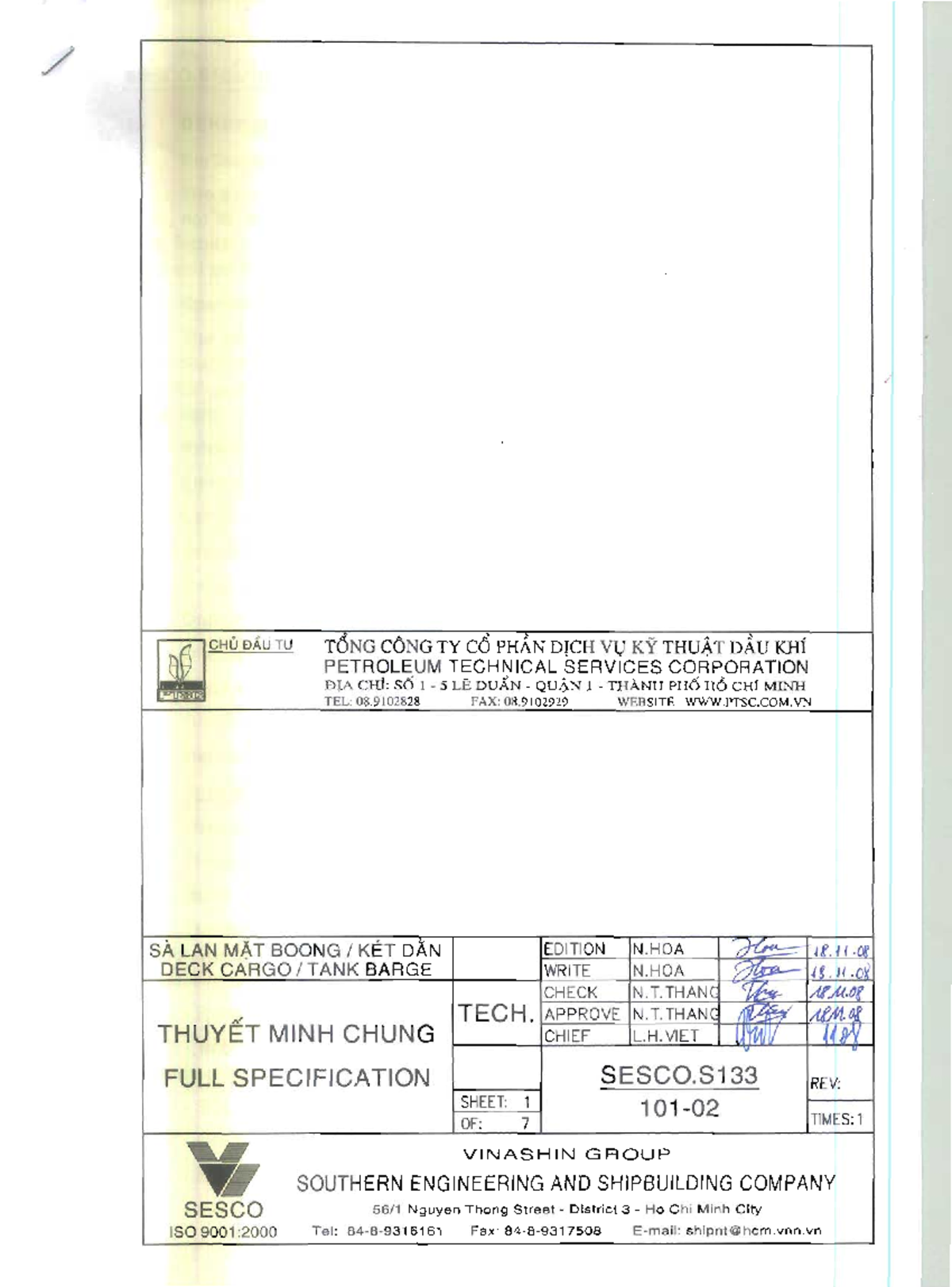 Full Specification of Deck Cargo Tank Barge SESCO.S133 Rev - Studocu