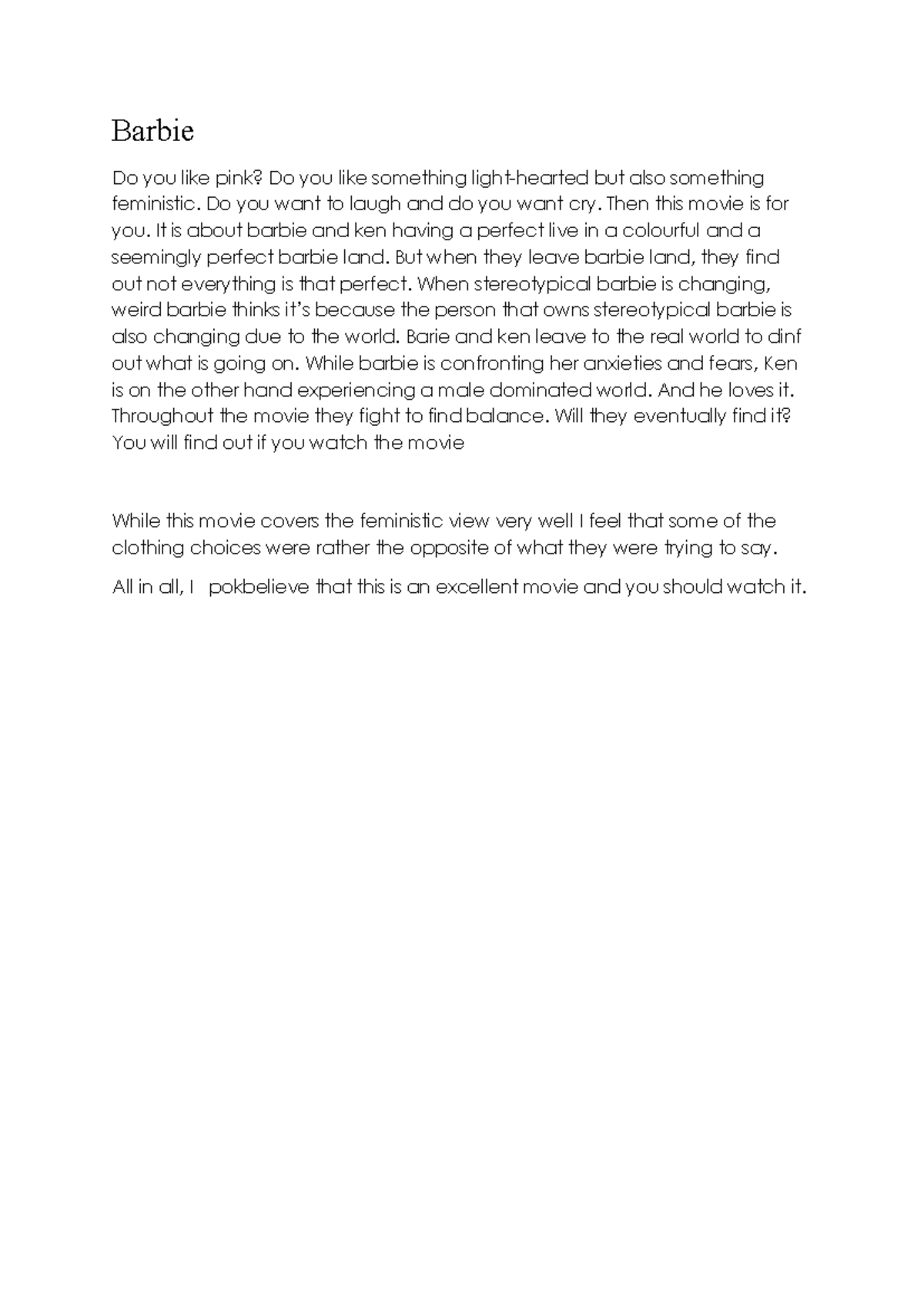 ENG 101: Essay Review of the Film "Barbie" - Studeersnel