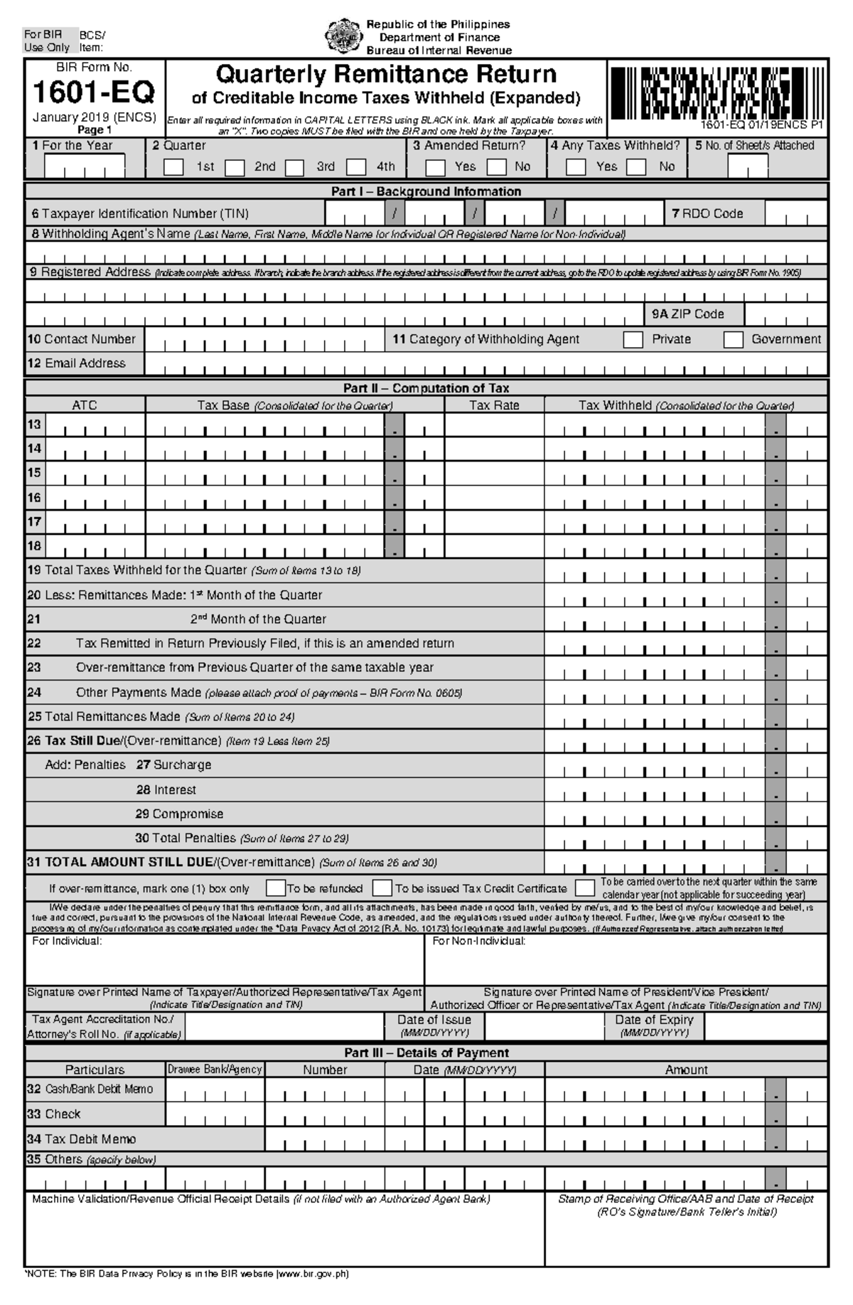 BIR Form 1601-EQ Quarterly Remittance Return - January 2019 (ENCS) - Studocu