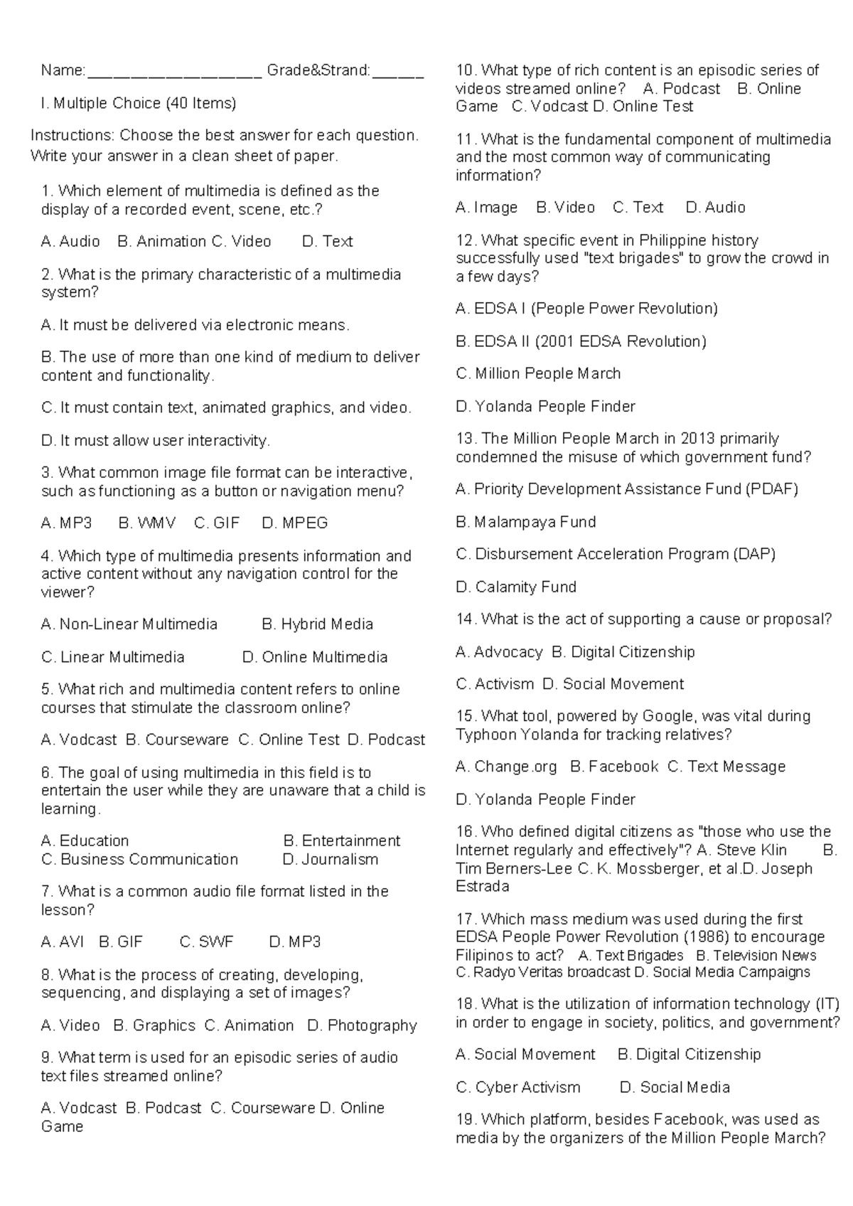 Empowerment Technologies Q2 Comprehensive Exam: Multiple Choice ...