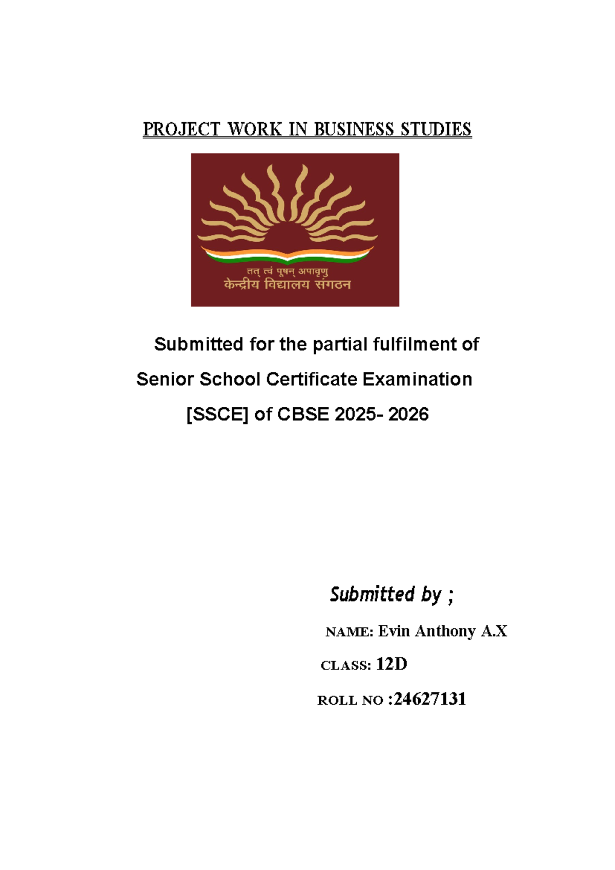 Business Studies Project Work - Class 12D - CBSE 2026 - Studocu