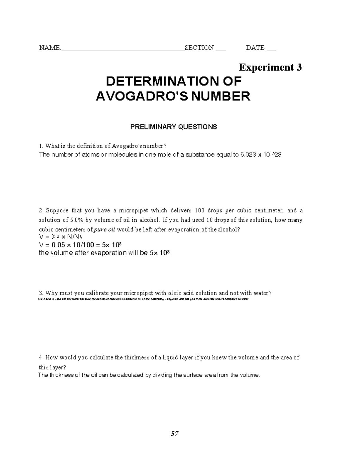 Experiment 3: Calculating Avogadro's Number - PQs and Data Analysis ...