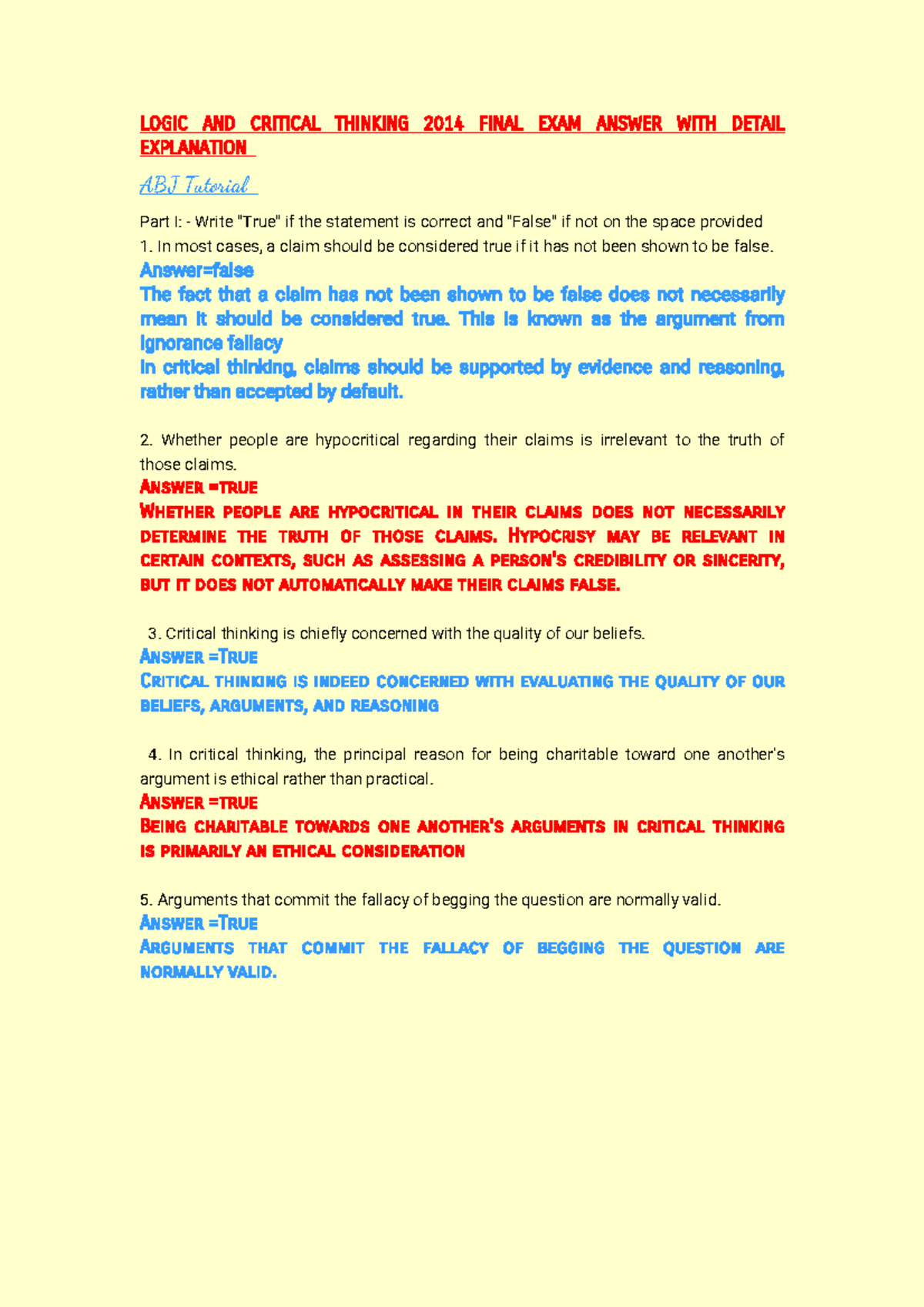 LOGIC 2014 FINAL EXAM ANSWERS WITH DETAILED EXPLANATIONS - Studocu
