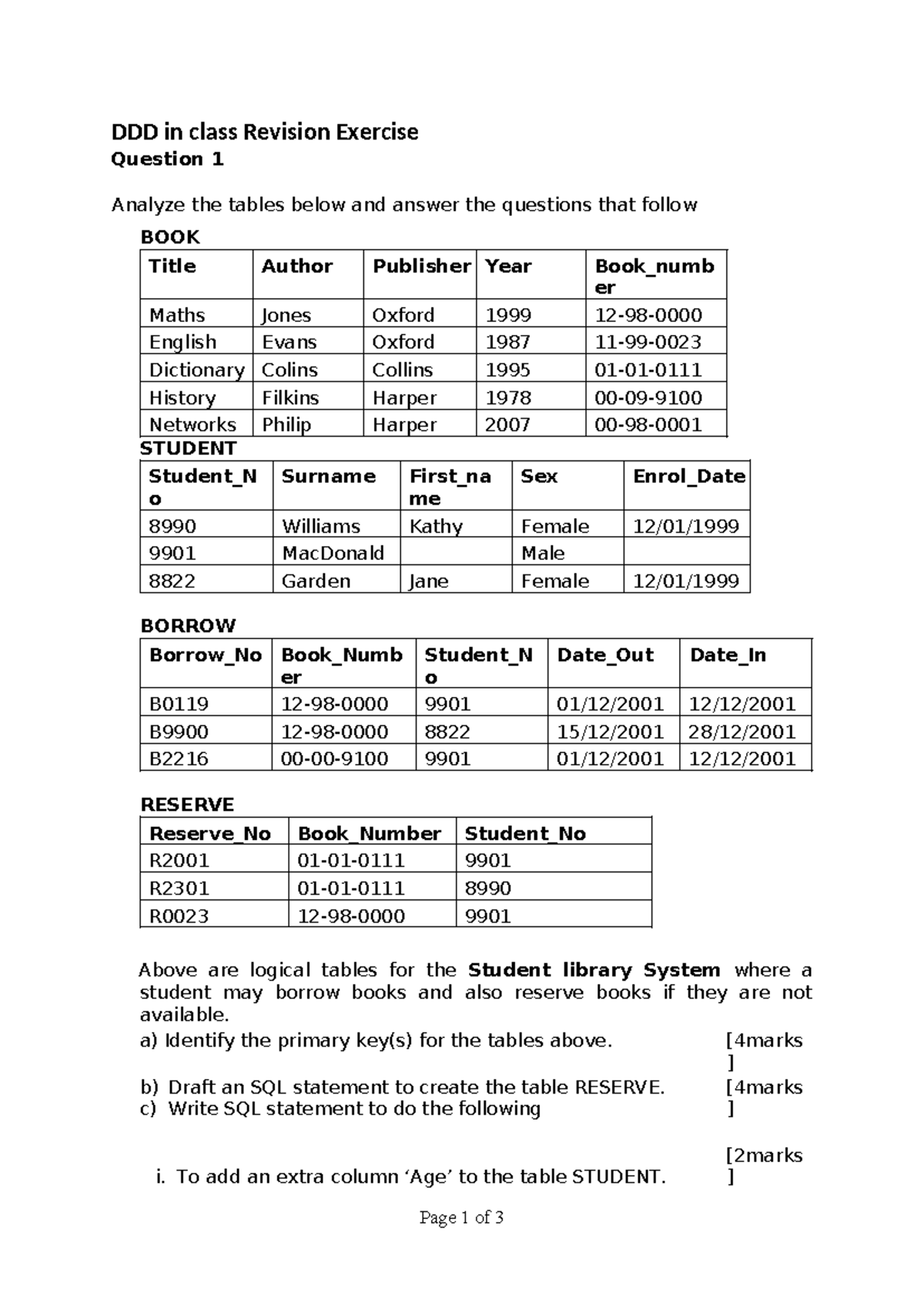DDD Revision Exercise - In-Class Questions on SQL & ER Diagrams - Studocu