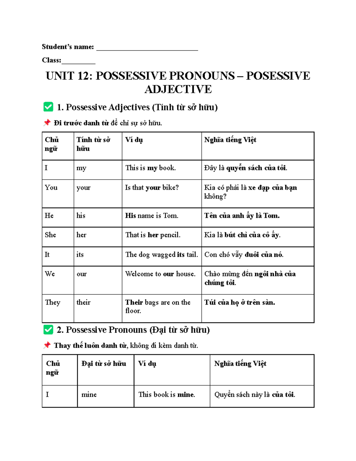 UNIT 12: Possessive Pronouns & Adjectives Notes - Studocu