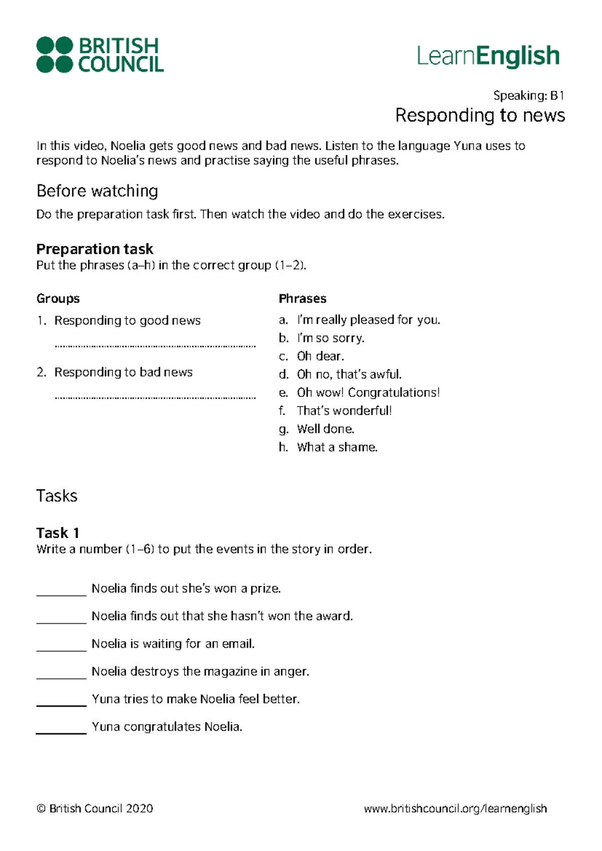 English Speaking B1: Responding to Good and Bad News Exercises - Studocu