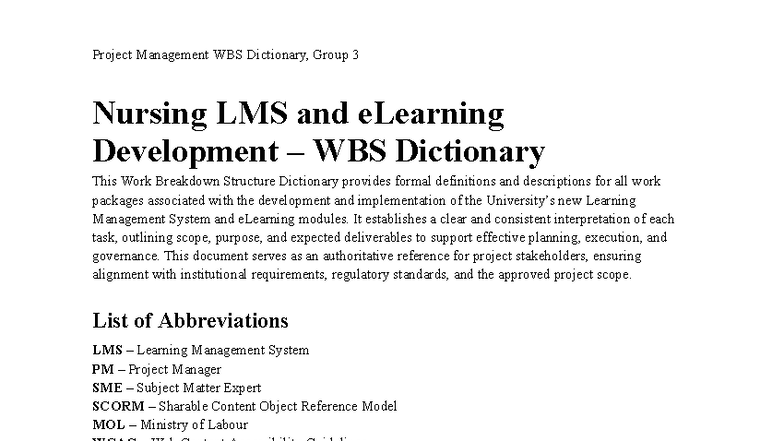 Project Management WBS Dictionary for Nursing LMS Development - Studocu