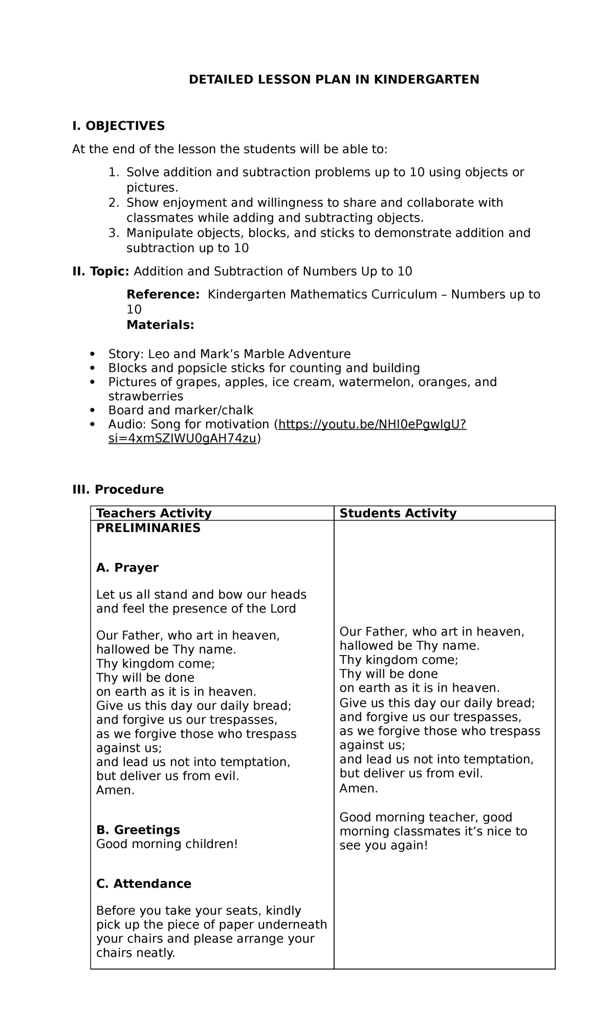 MATH 1 DLP - Detailed Lesson Plan on Addition & Subtraction - Studocu