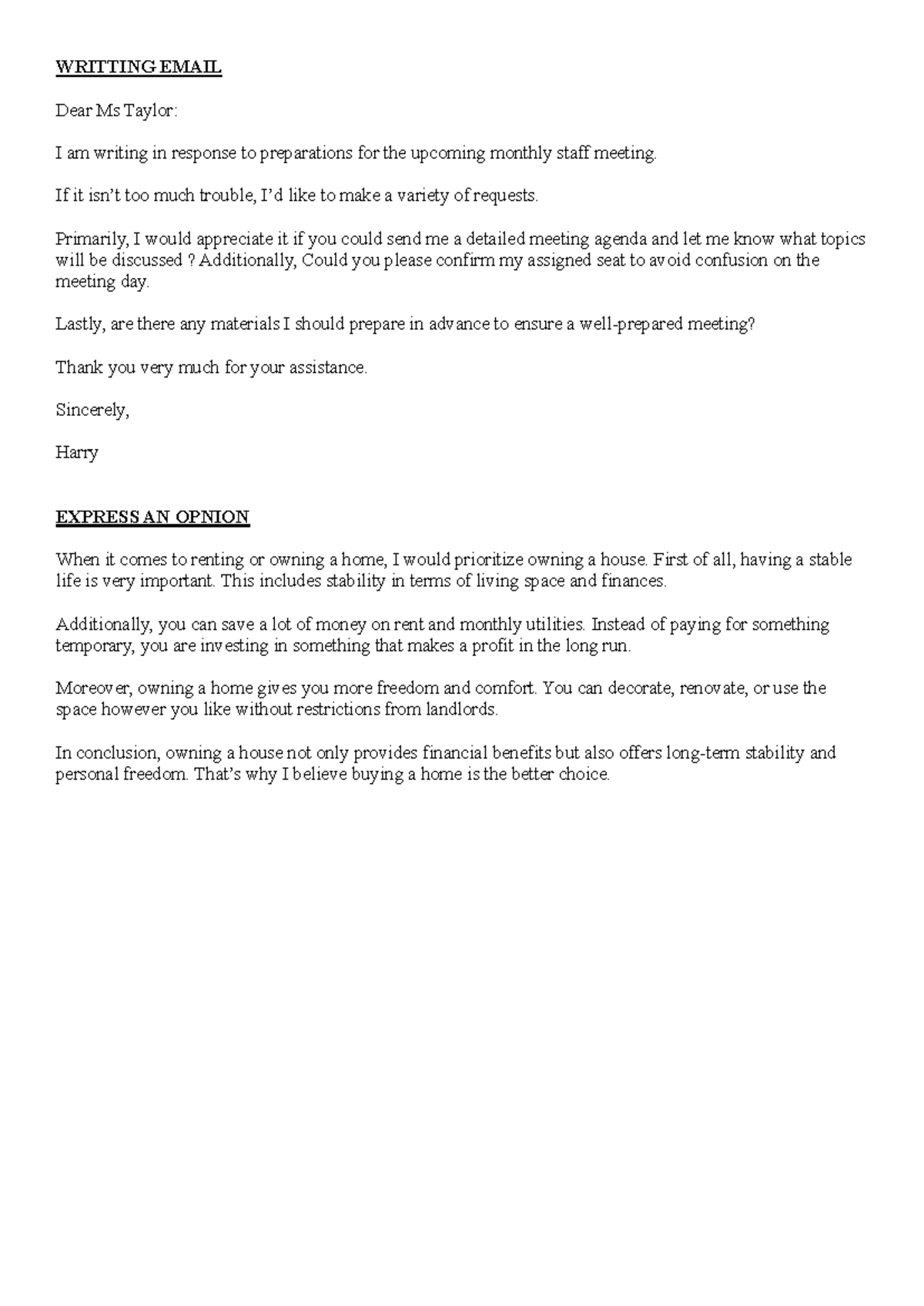 TOEIC Writing Part 4: Email Response & Opinion on Home Ownership - Studocu
