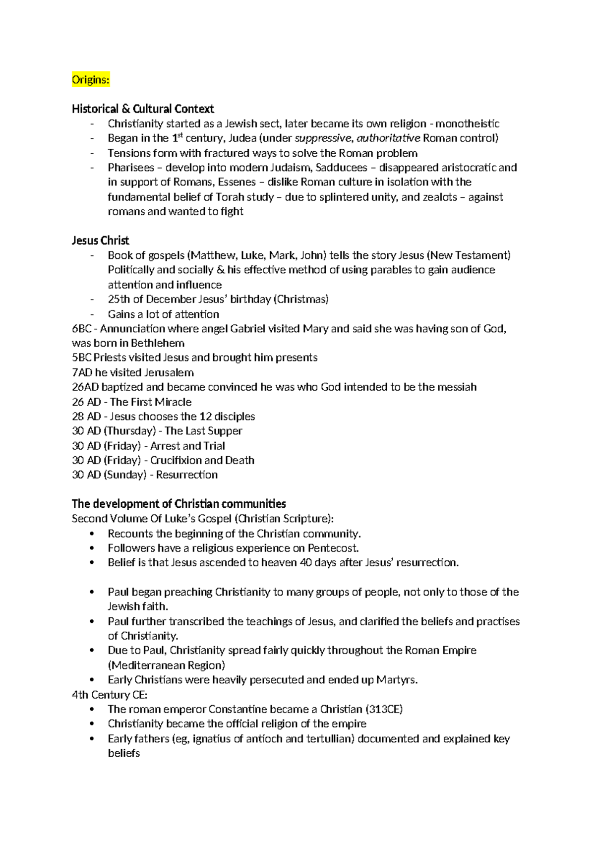 Christianity Notes - SOR: Historical Origins and Development - Studocu